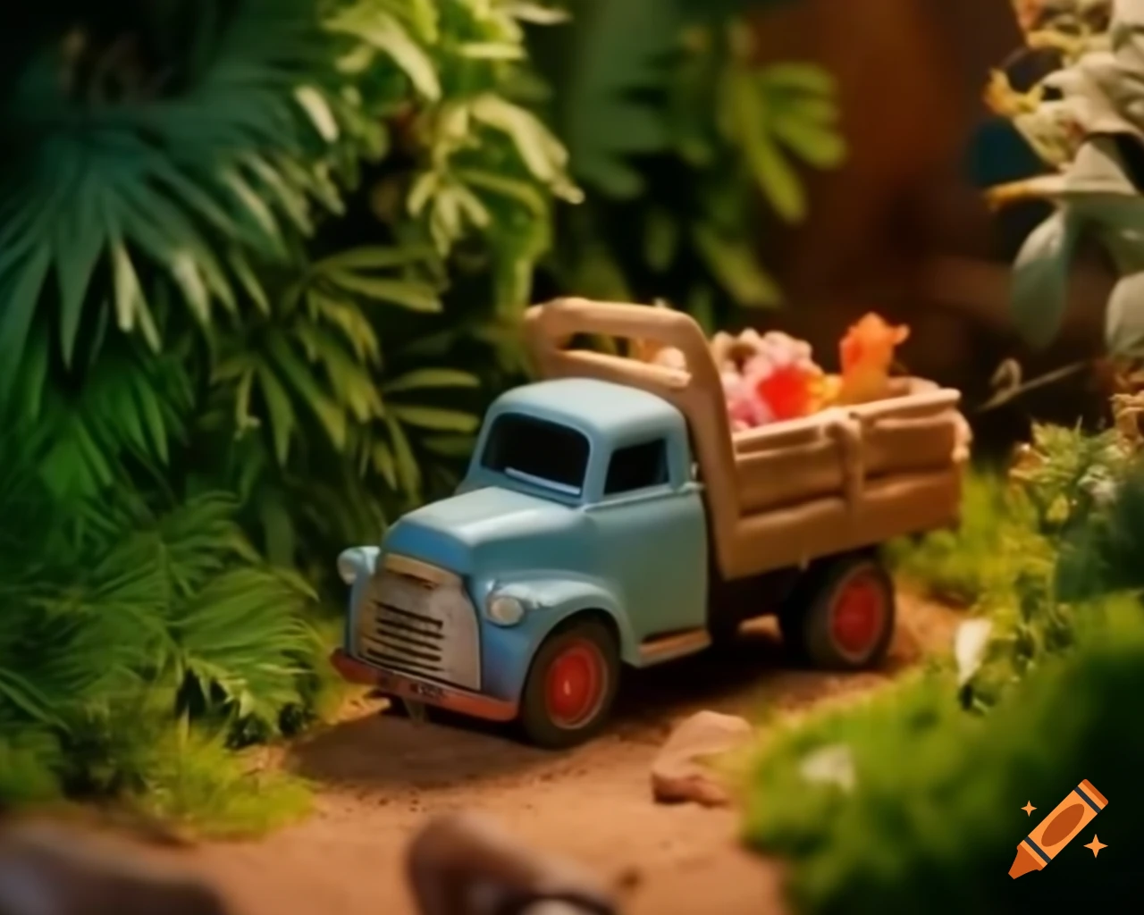 Miniature world with green pickup truck transporting vibrant plants on ...