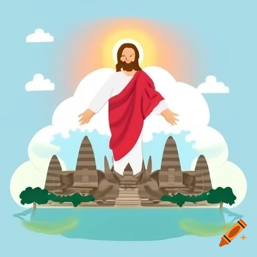 Jesus christ and new jerusalem depicted in clouds over angkor wat on ...