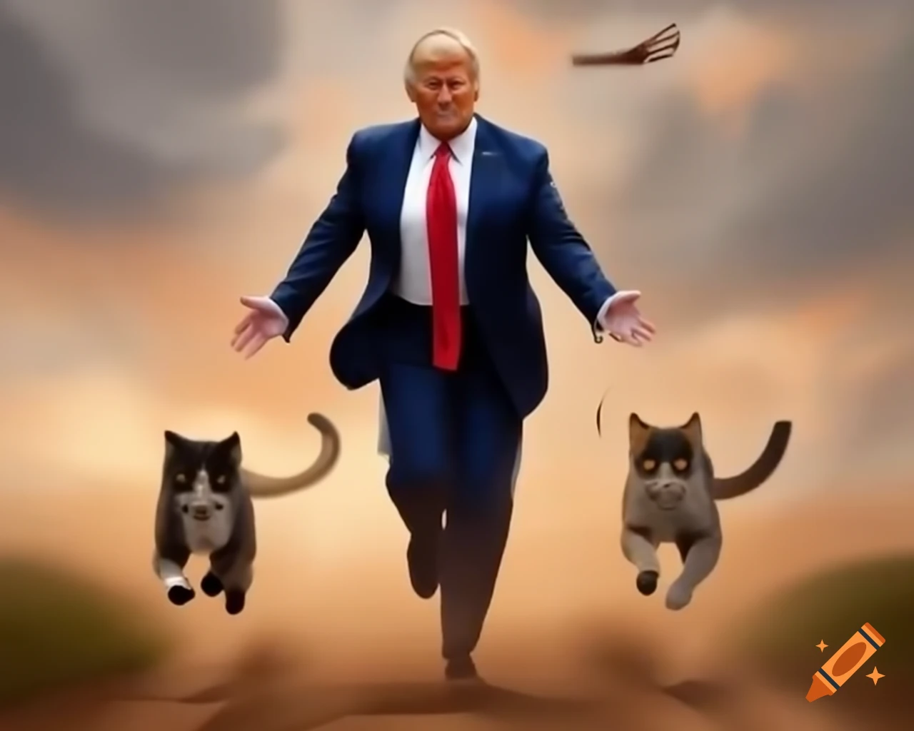 Donald trump running with two cats, pursued by two individuals on Craiyon