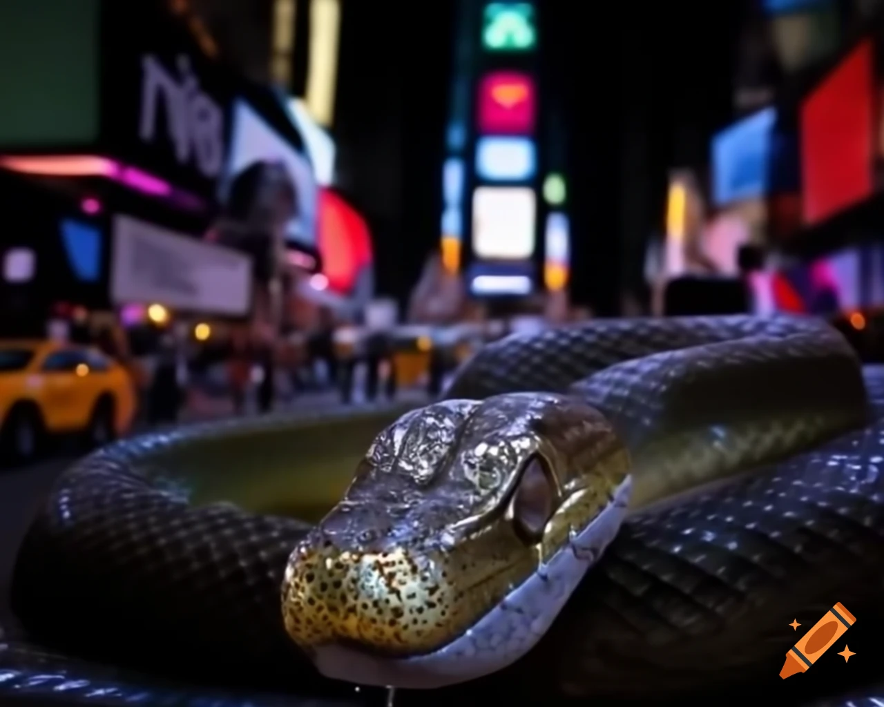 Diamond serpent writhing atop Times Square with city lights on Craiyon