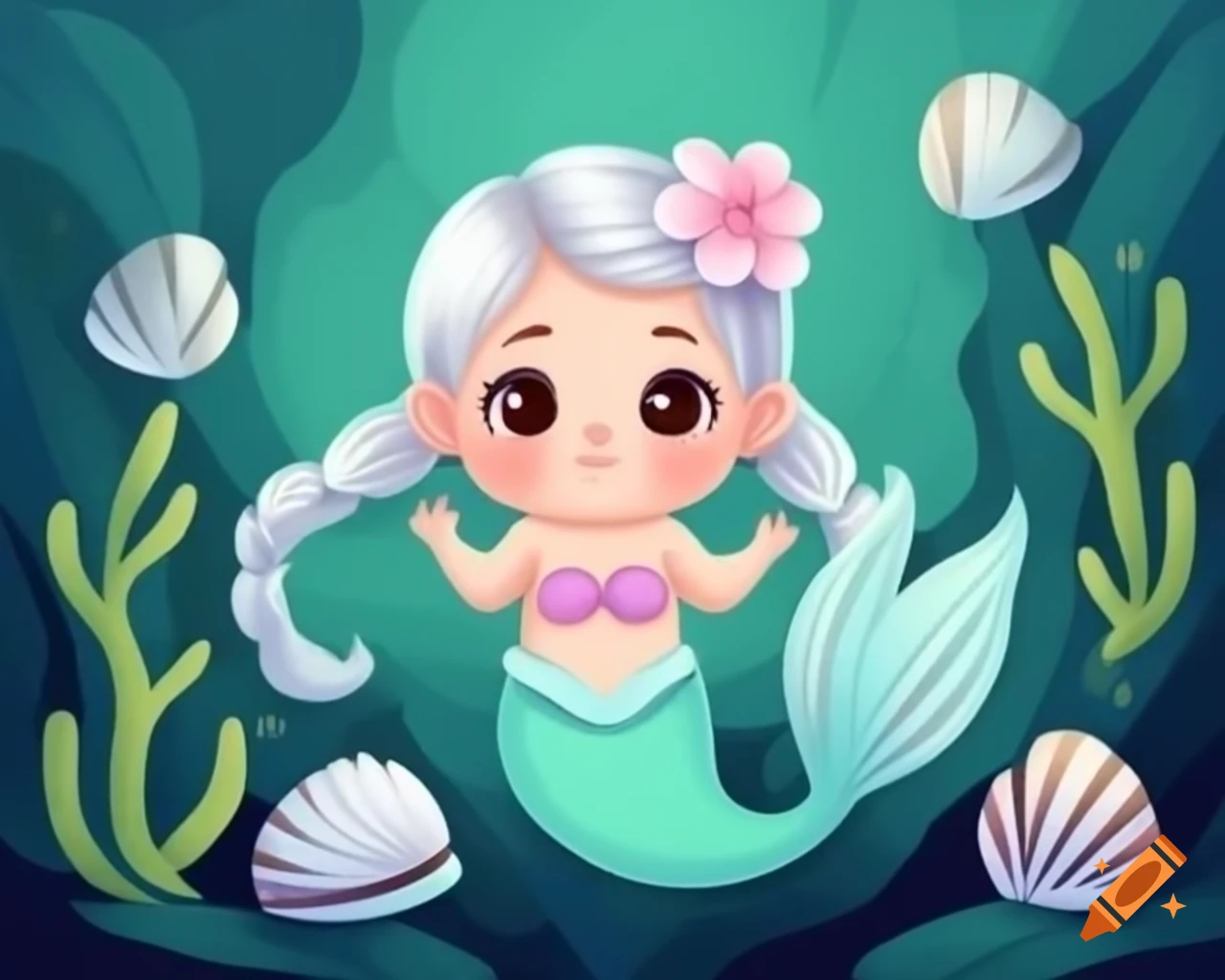 Cute baby mermaid with seaweed hair and shell adornments in storybook ...