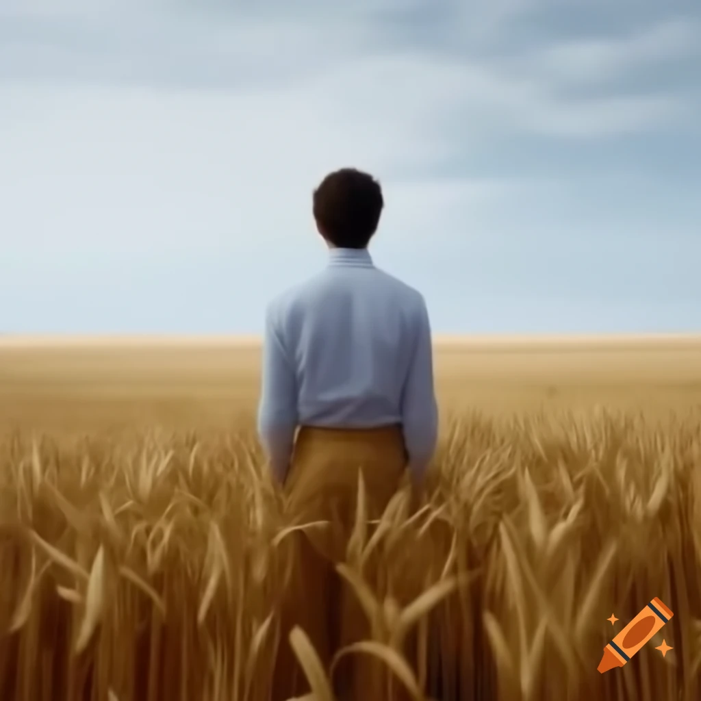 Man standing in wheat field gazing into the distance on Craiyon
