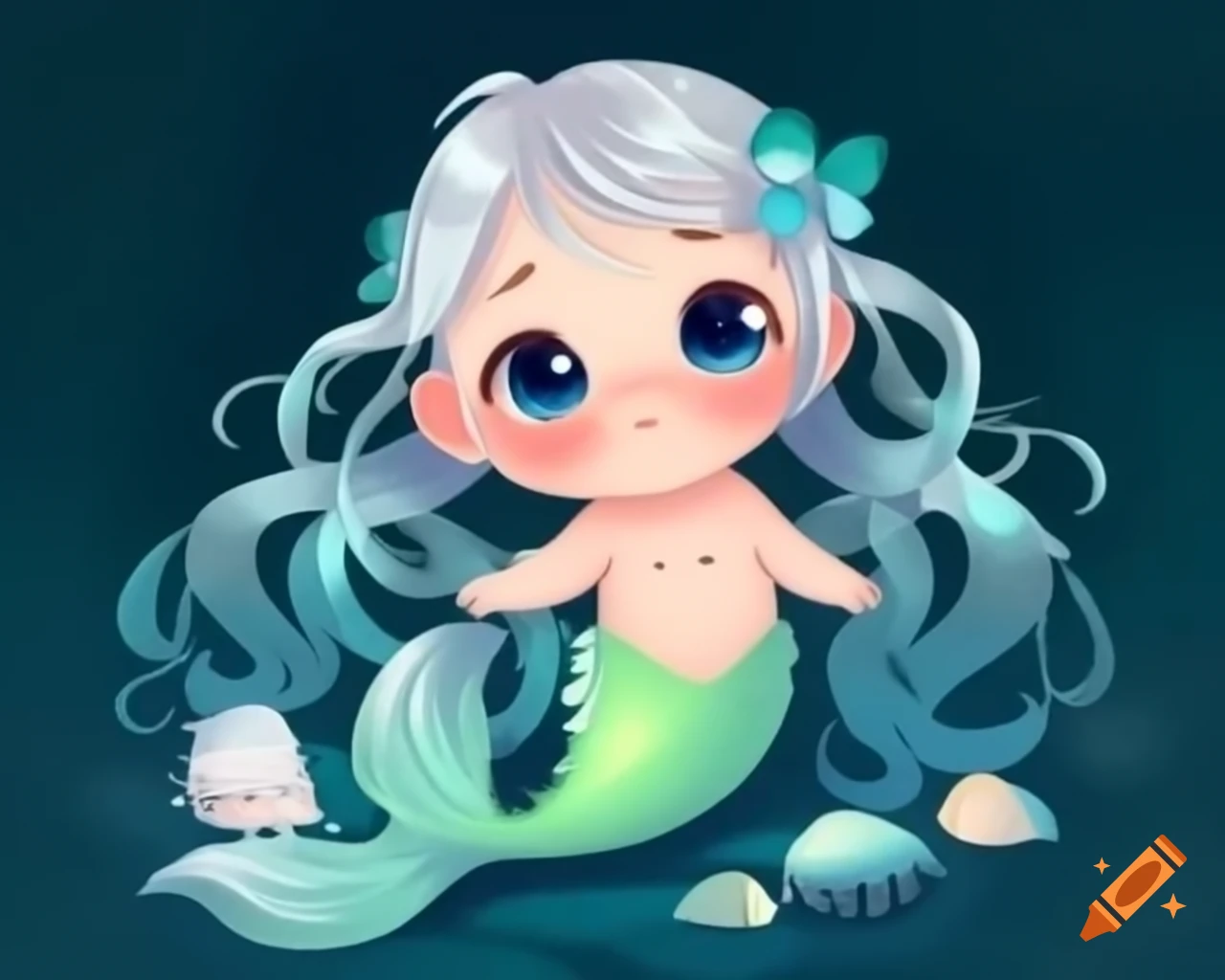 Cute baby mermaid with seaweed hair and shell adornments in storybook ...