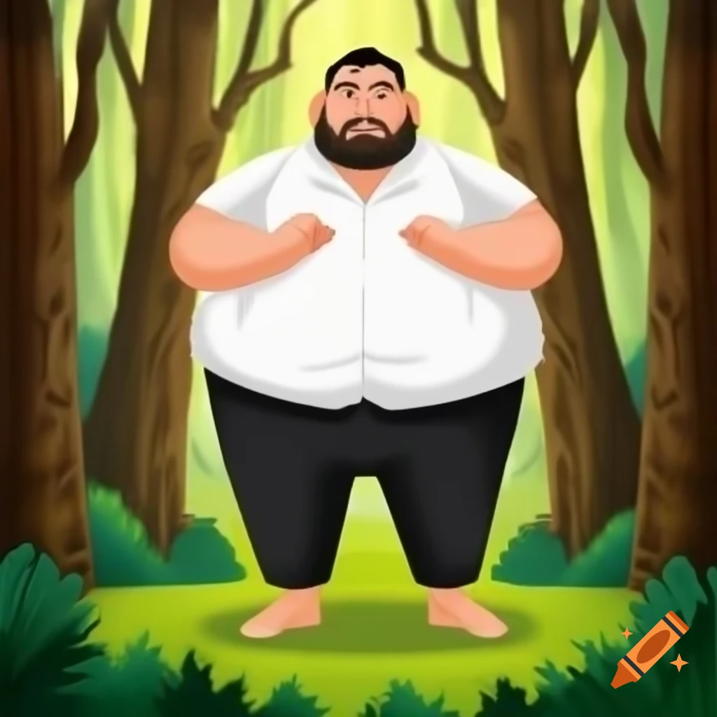 Fat man and Buddhist monk smiling with arms crossed in forest on Craiyon