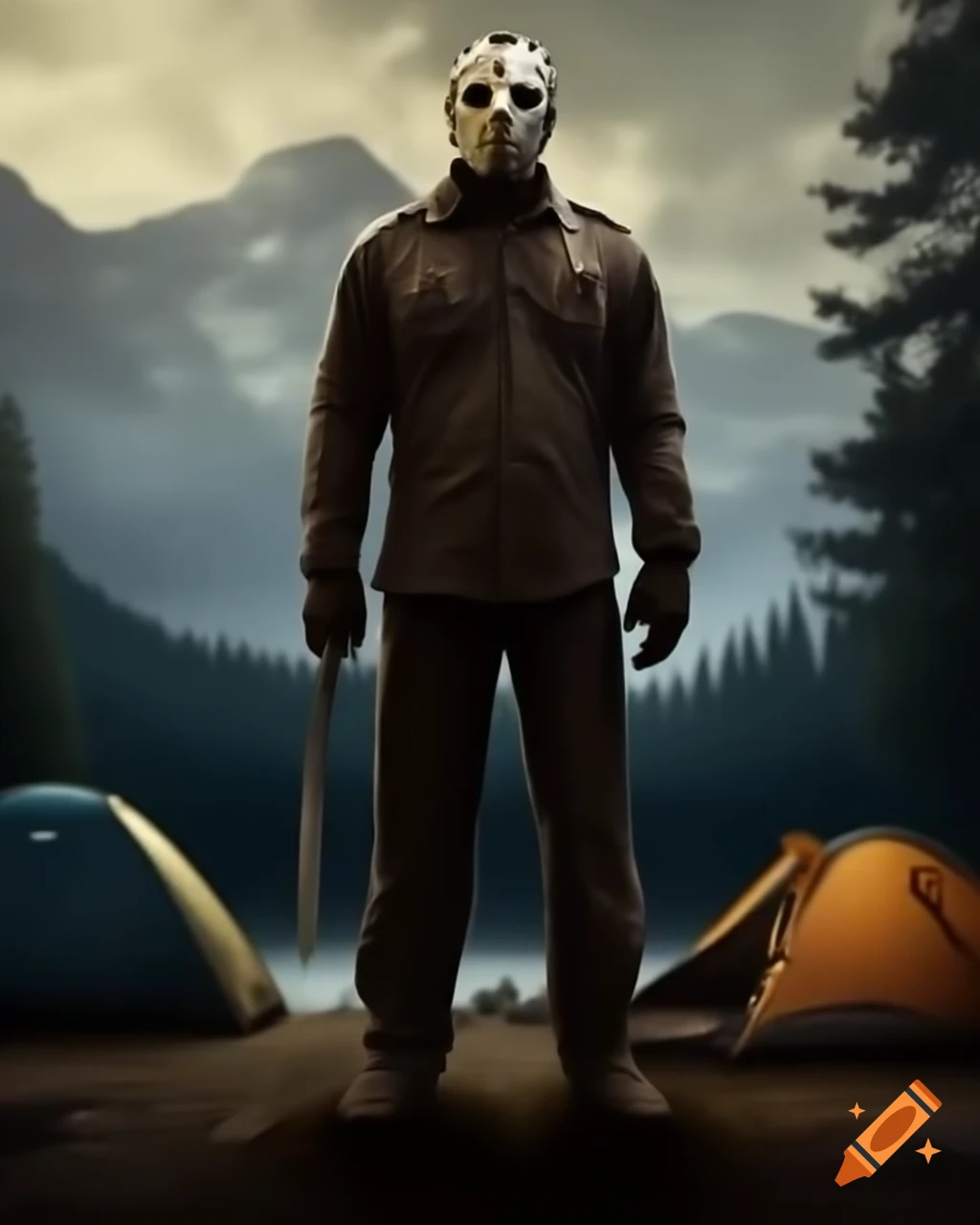 A zombie faces an old farmer with a pitchfork in a dark, stormy field ...