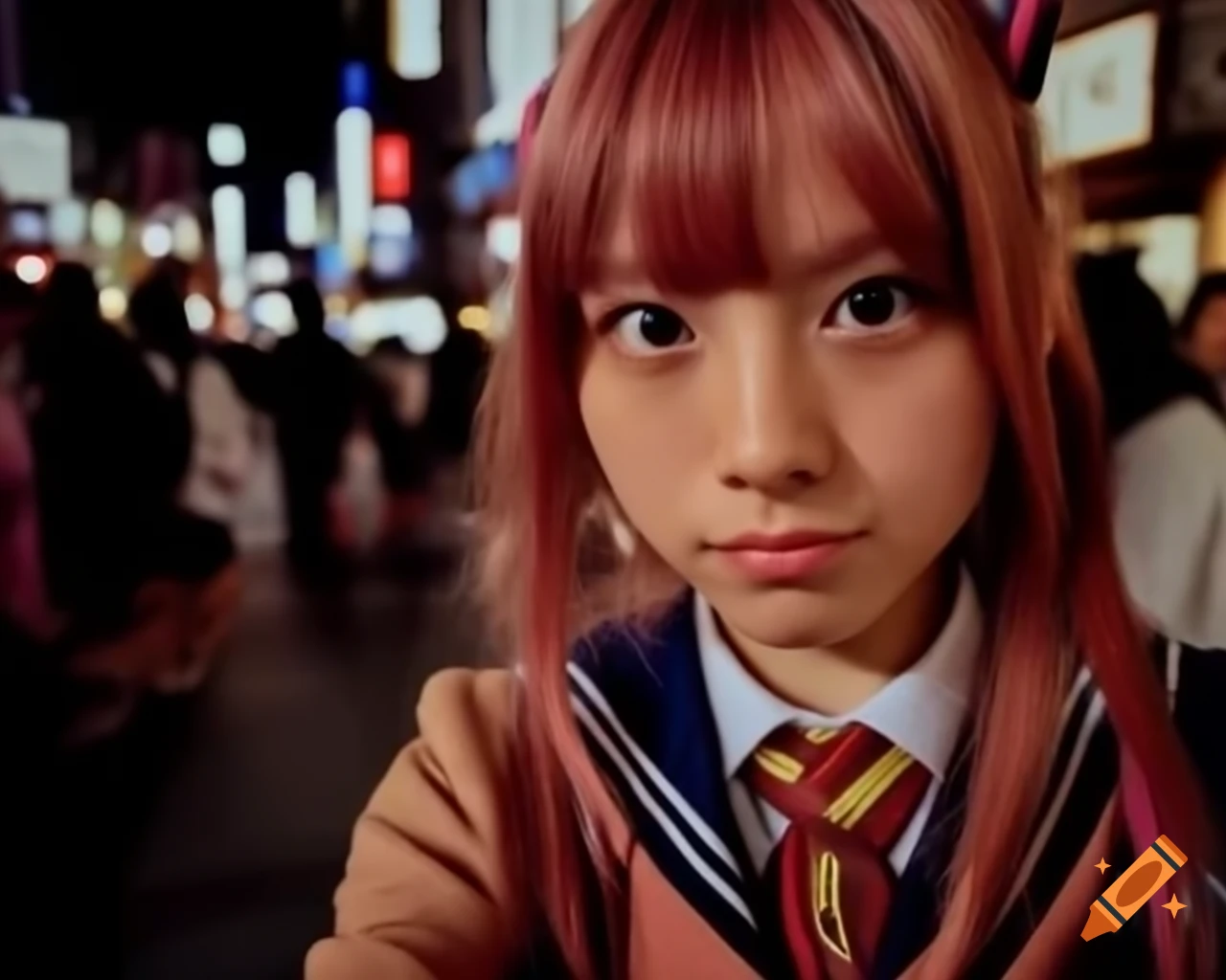 Hyper-realistic portrayal of Monika from Doki Doki Literature Club in Shinjuku street, capturing ...