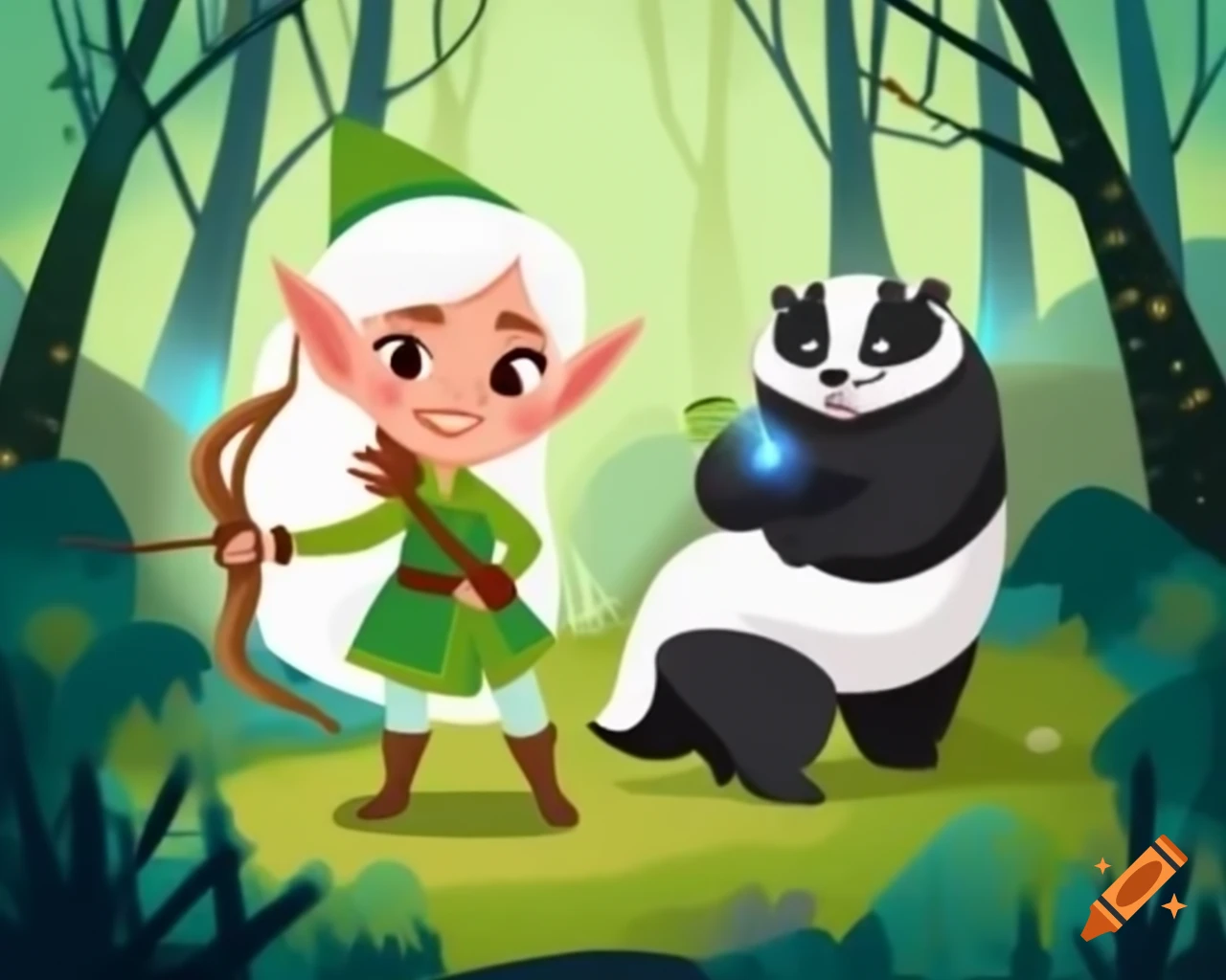 White-haired elf ranger with bow and magical giant badger in enchanted ...