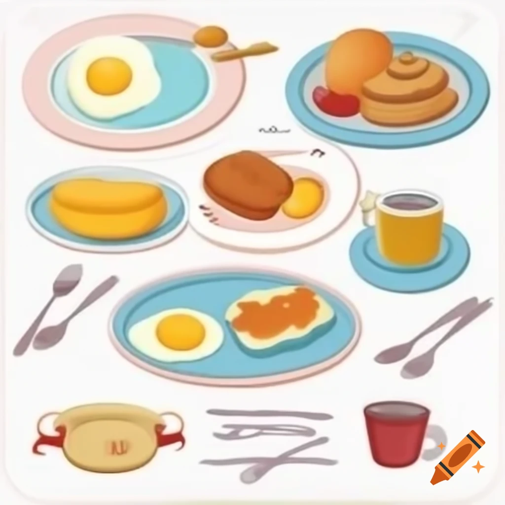 Colorful cartoon-style breakfast plates on Craiyon
