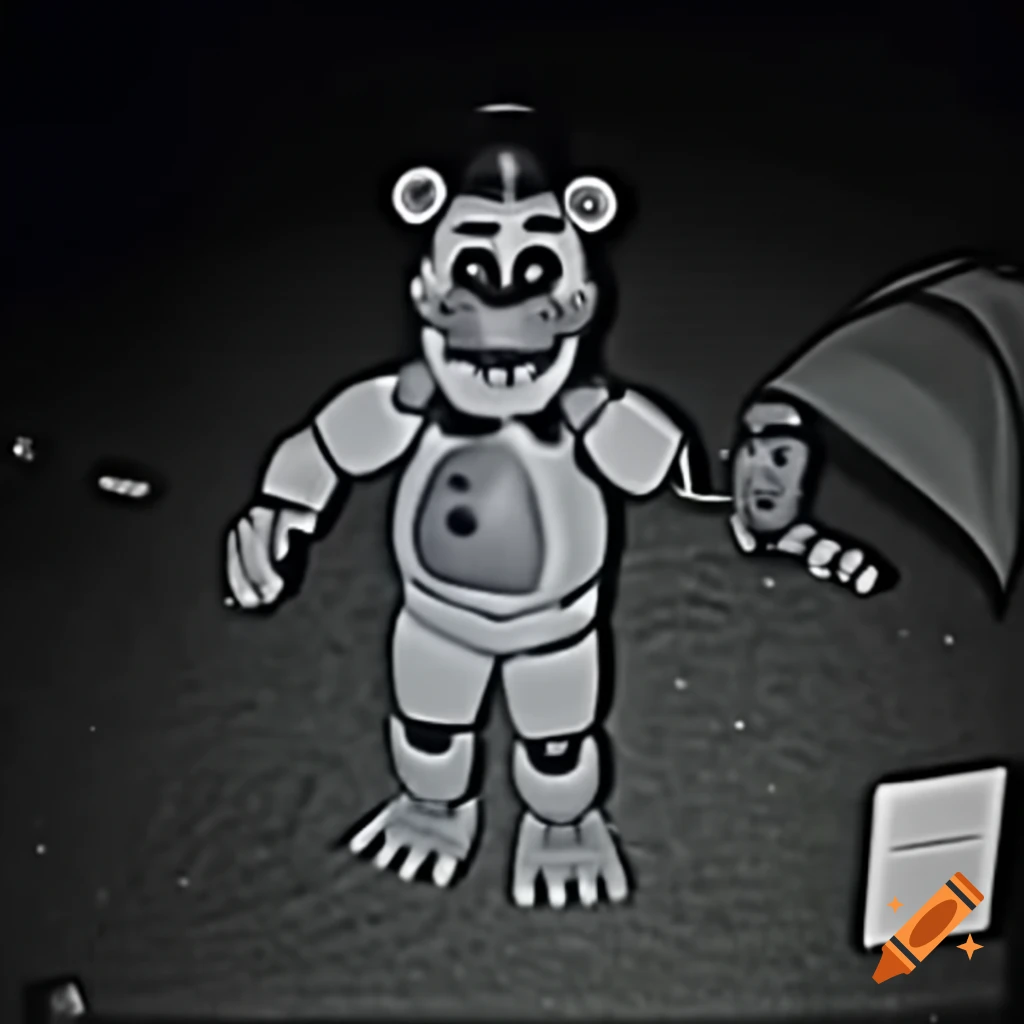 CCTV footage of Freddy Fazbear breaking into campsite on Craiyon