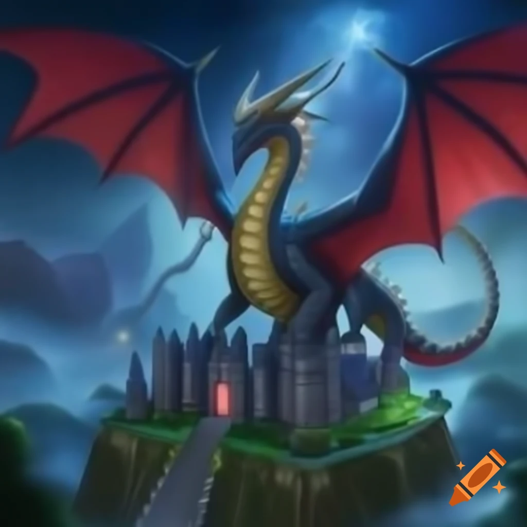 Majestic dragon flying over magical kingdom with castle and glowing stars on Craiyon