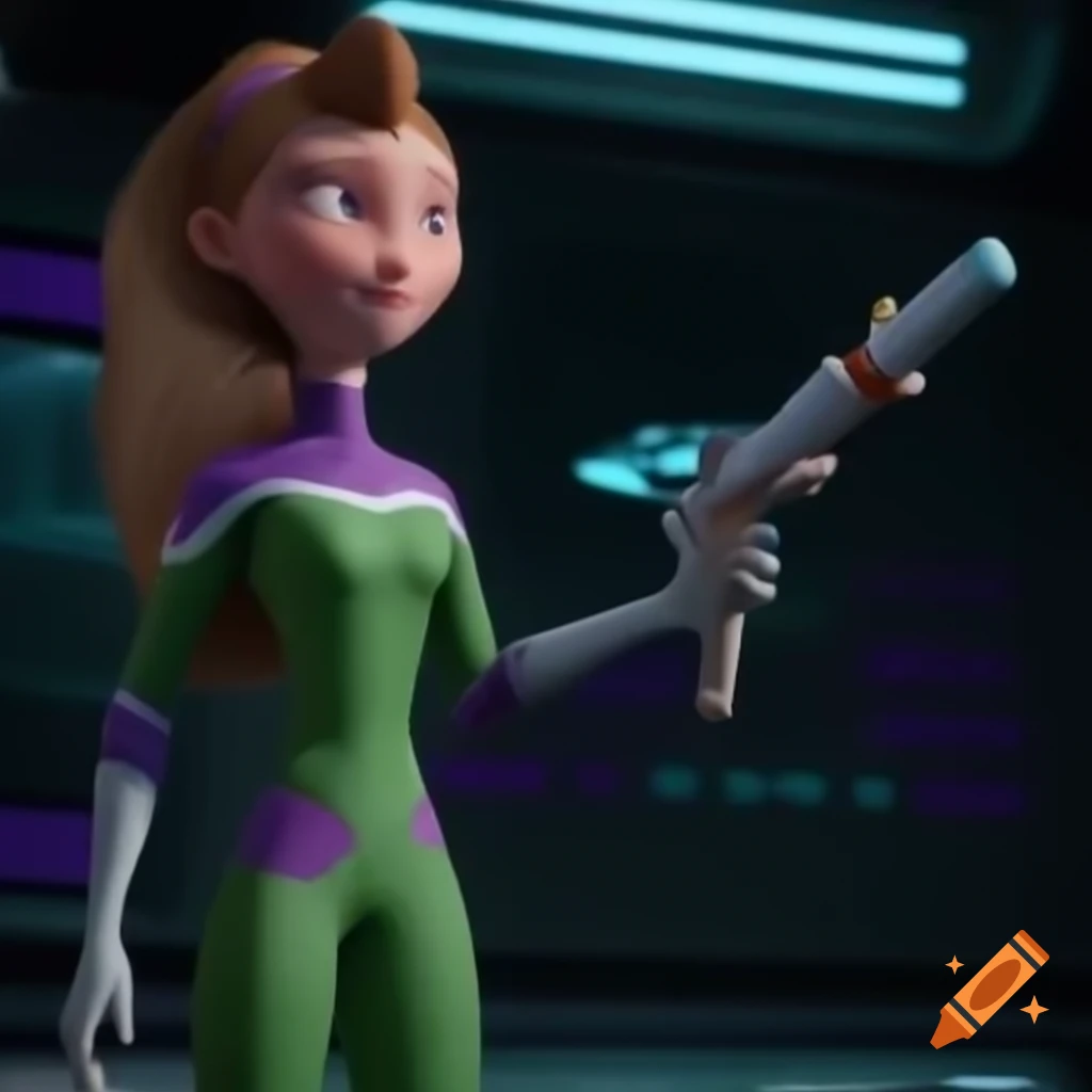 Space princess in purple and green suit holding a space gun against ...