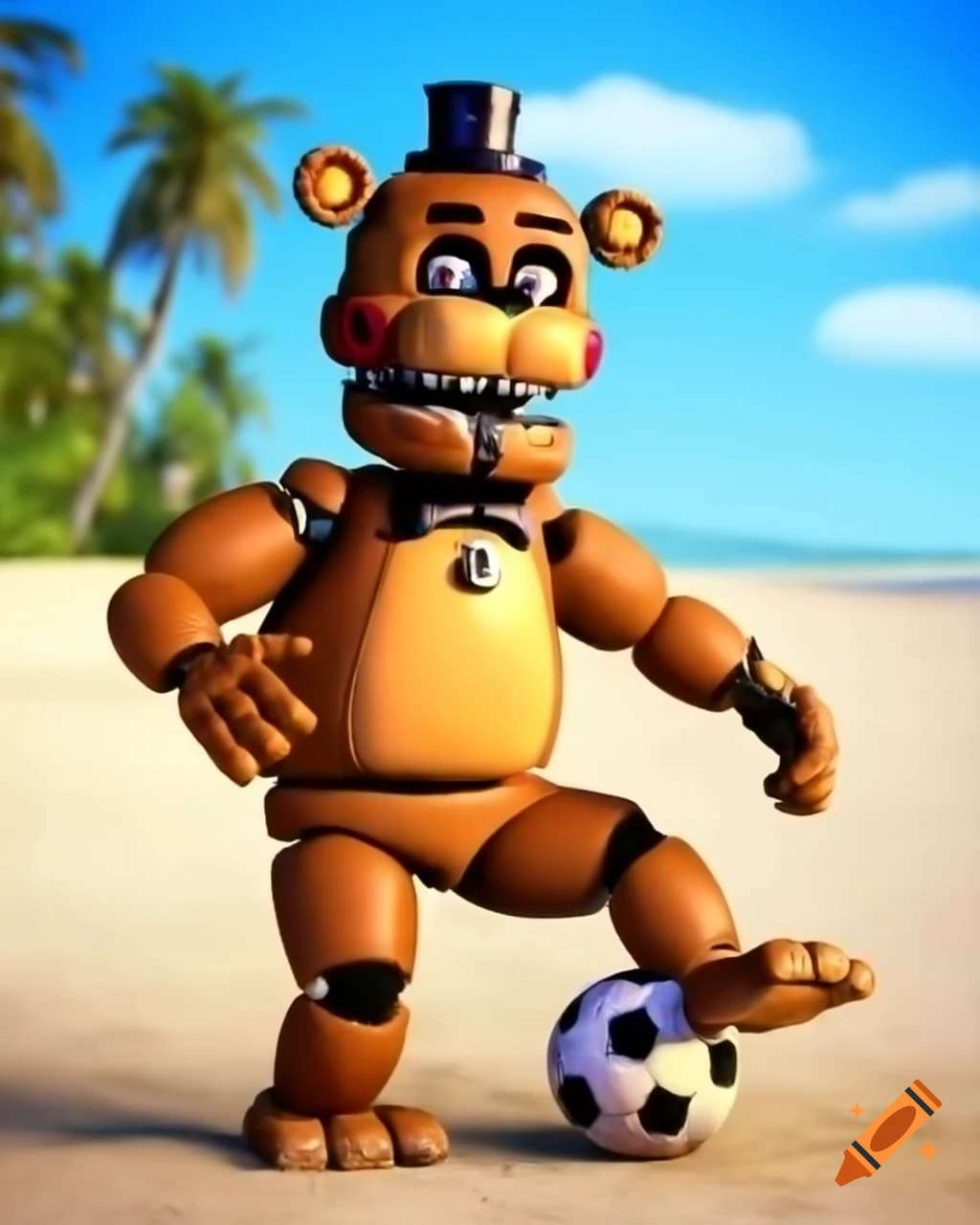 Freddy Fazbear standing in a blocky Minecraft world with trees, water ...