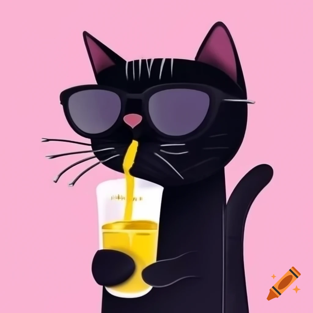 Cartoon black cat wearing sunglasses drinking a beverage on Craiyon