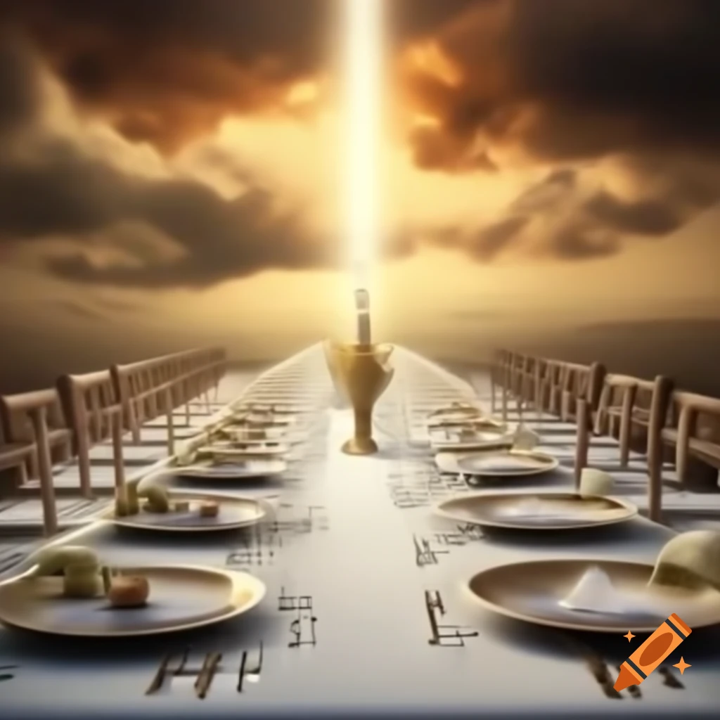 Holy communion dining table with white cover on clouds in soft warm ...