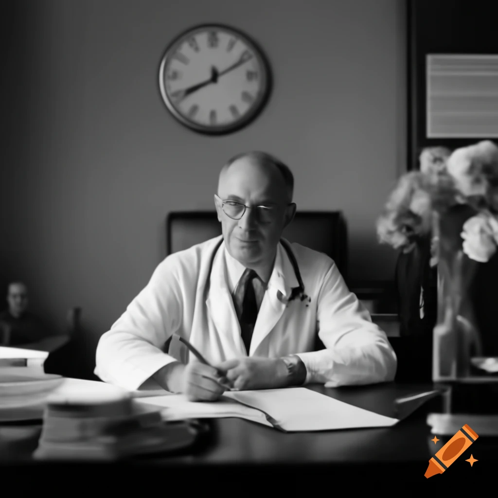 Medical doctor writing in patient file at desk with flowers and ...