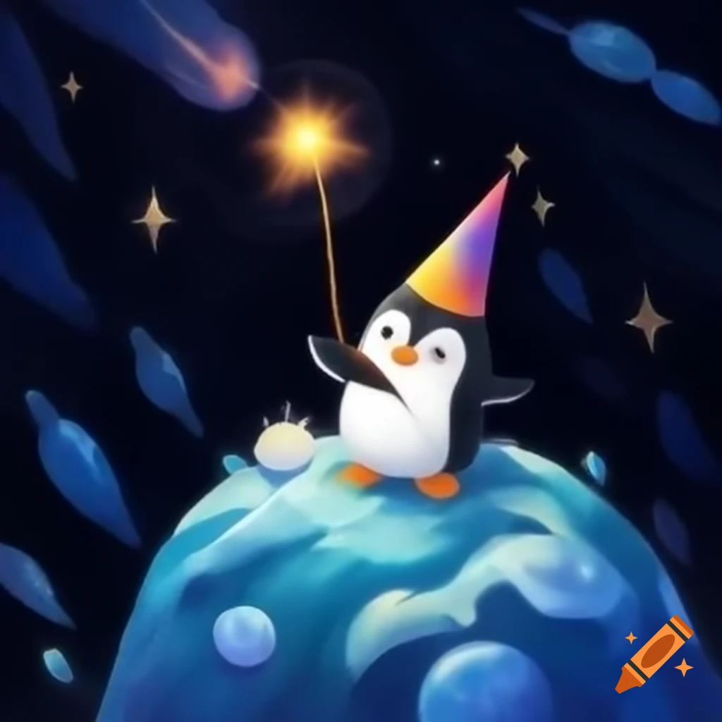 Whimsical penguin in party hat enjoying cosmic cake on rocket in space ...