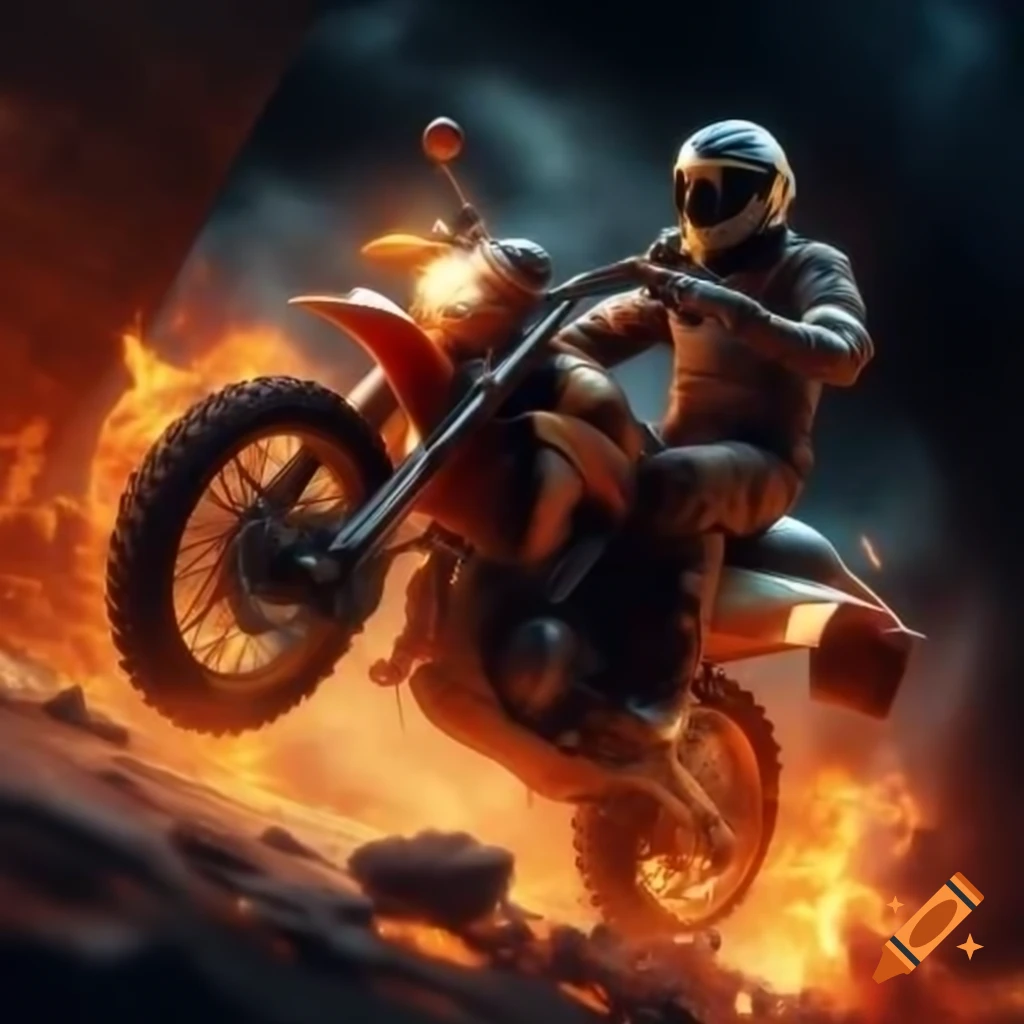 Motorbike leaping through wall of fire, symbolizing bravery in internet ...