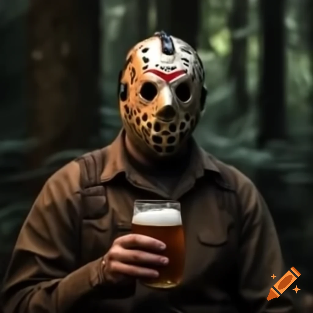 Jason Voorhees emerging from woods holding a beer on Craiyon