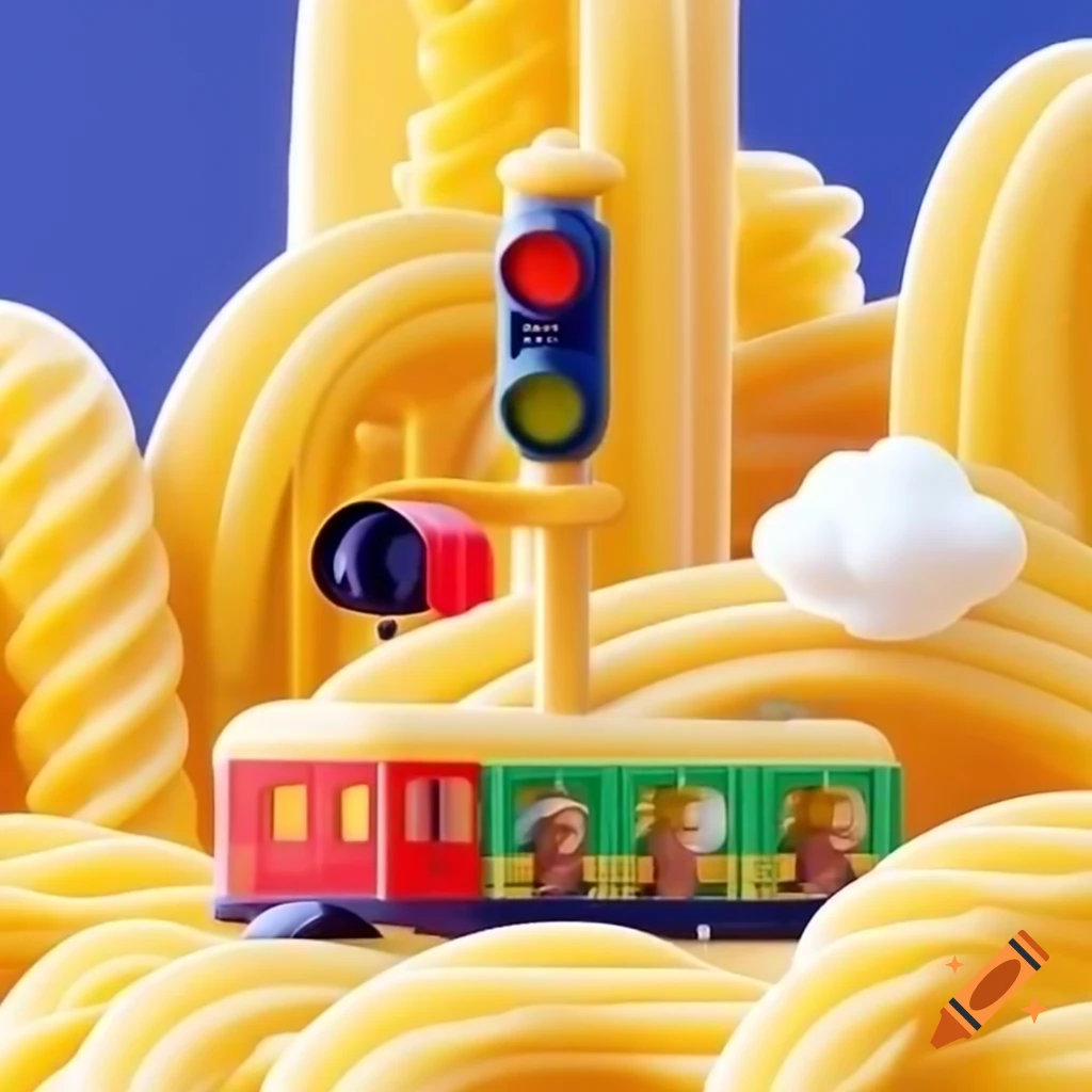 Whimsical spaghetti traffic light with miniature pasta passengers on ...