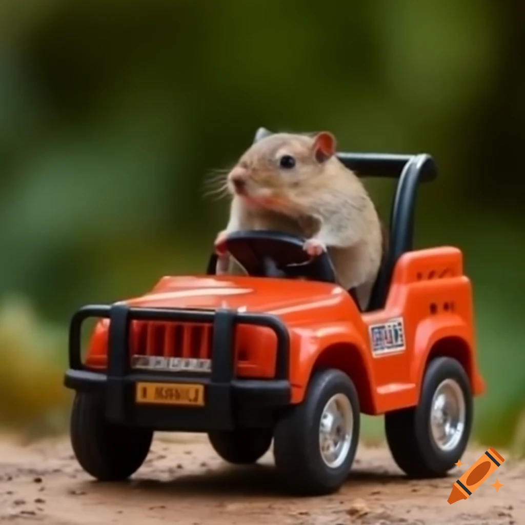 Tiny rodent driving miniature toy truck on an adventure on Craiyon