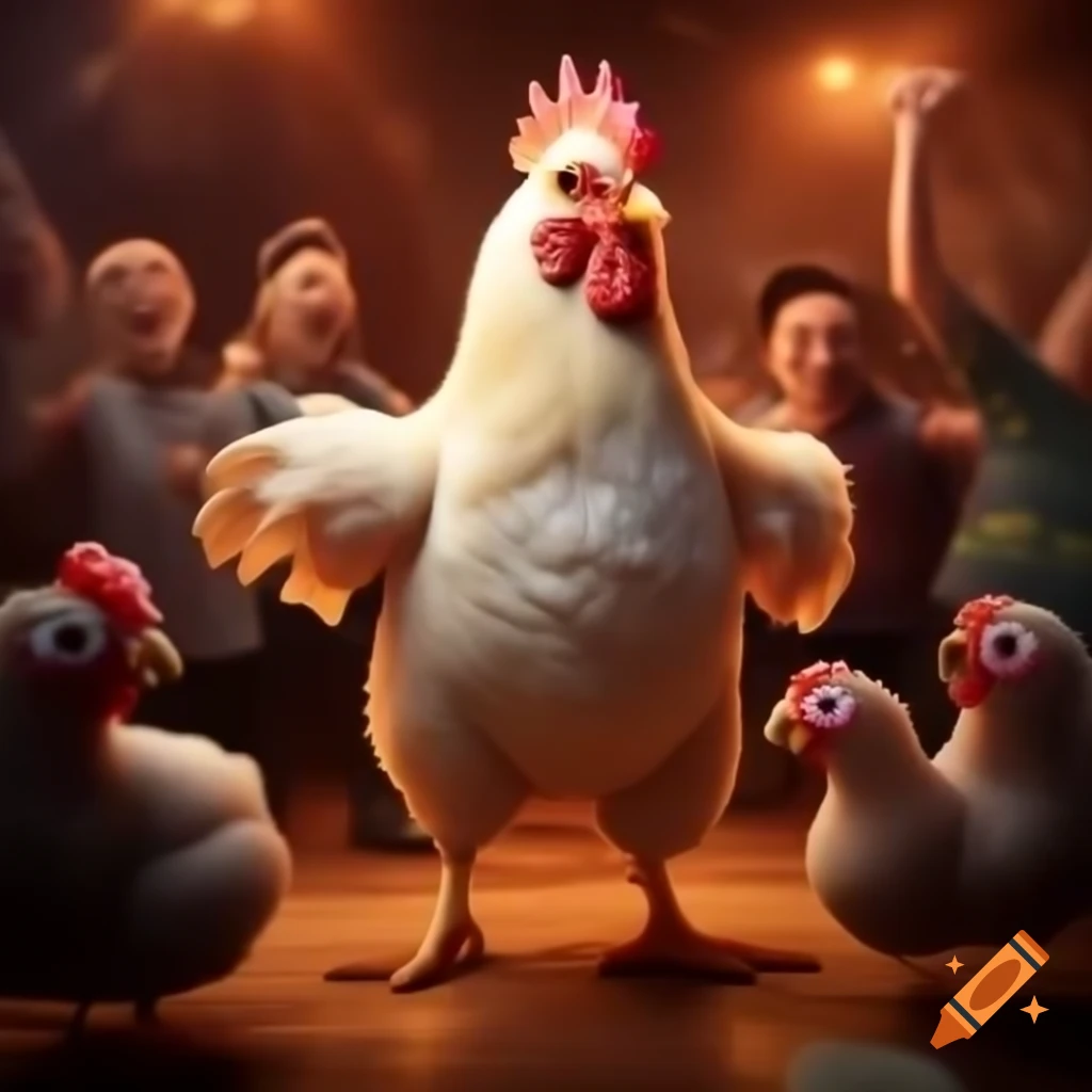 Chickens and humans dancing together at a lively party on Craiyon