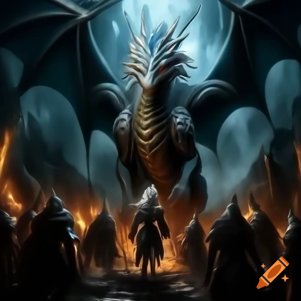 Furious dragon descending on elven warriors in shadowed cavern on Craiyon