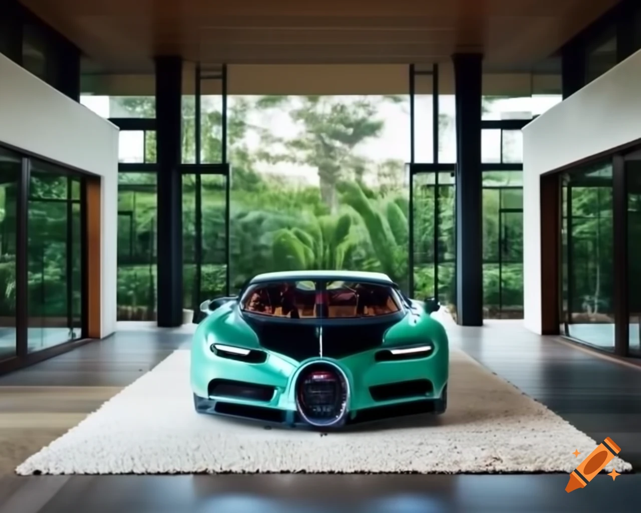 Fur-covered mint green and black bugatti chiron in living room with ...
