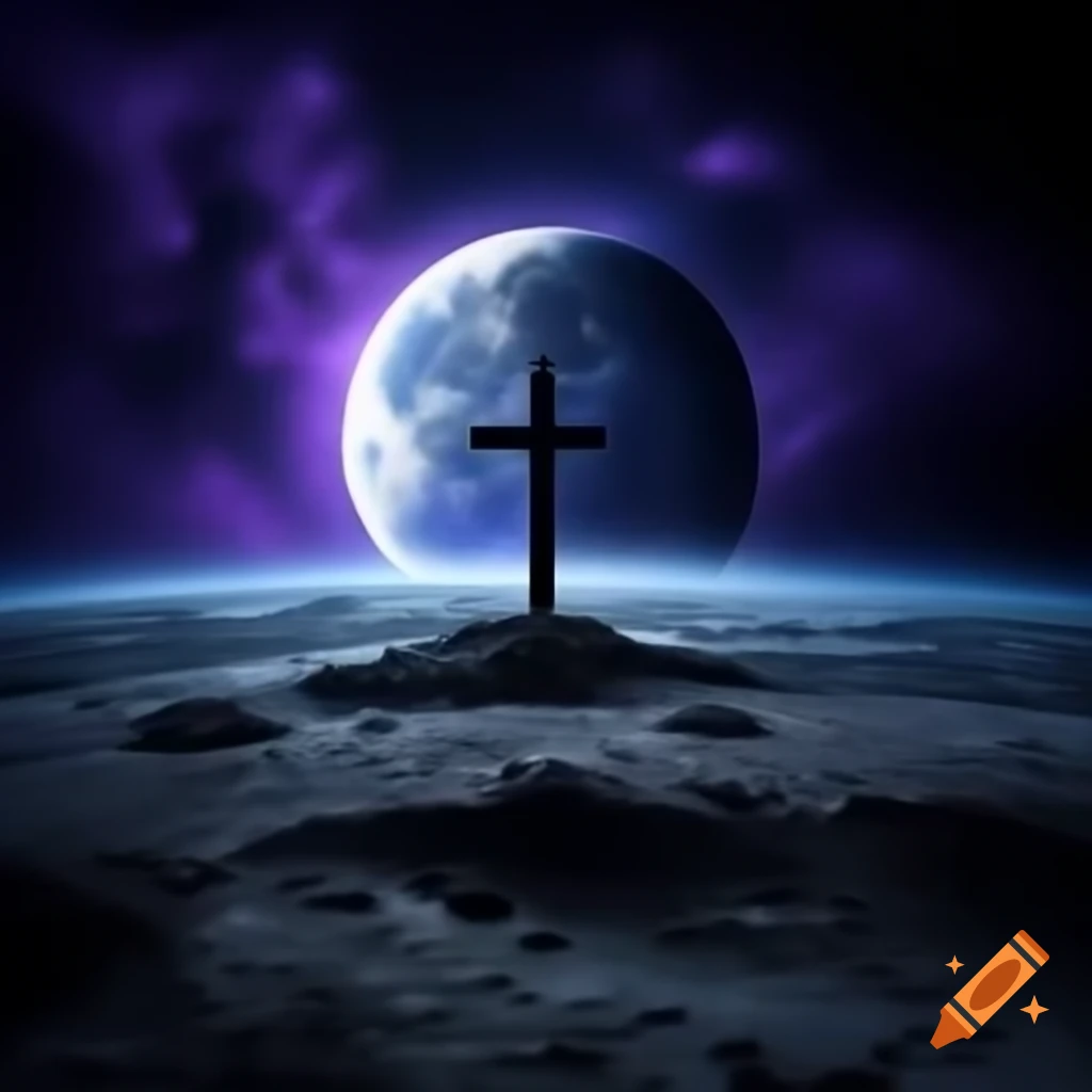 Cross in rocky landscape with lava and epic golden skies on Craiyon