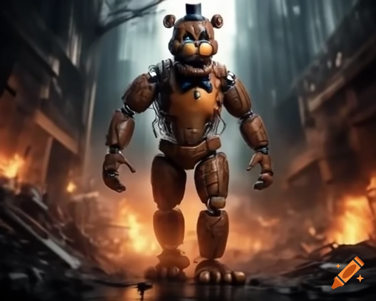 Giant robot causing destruction in city with people fleeing and fire on ...