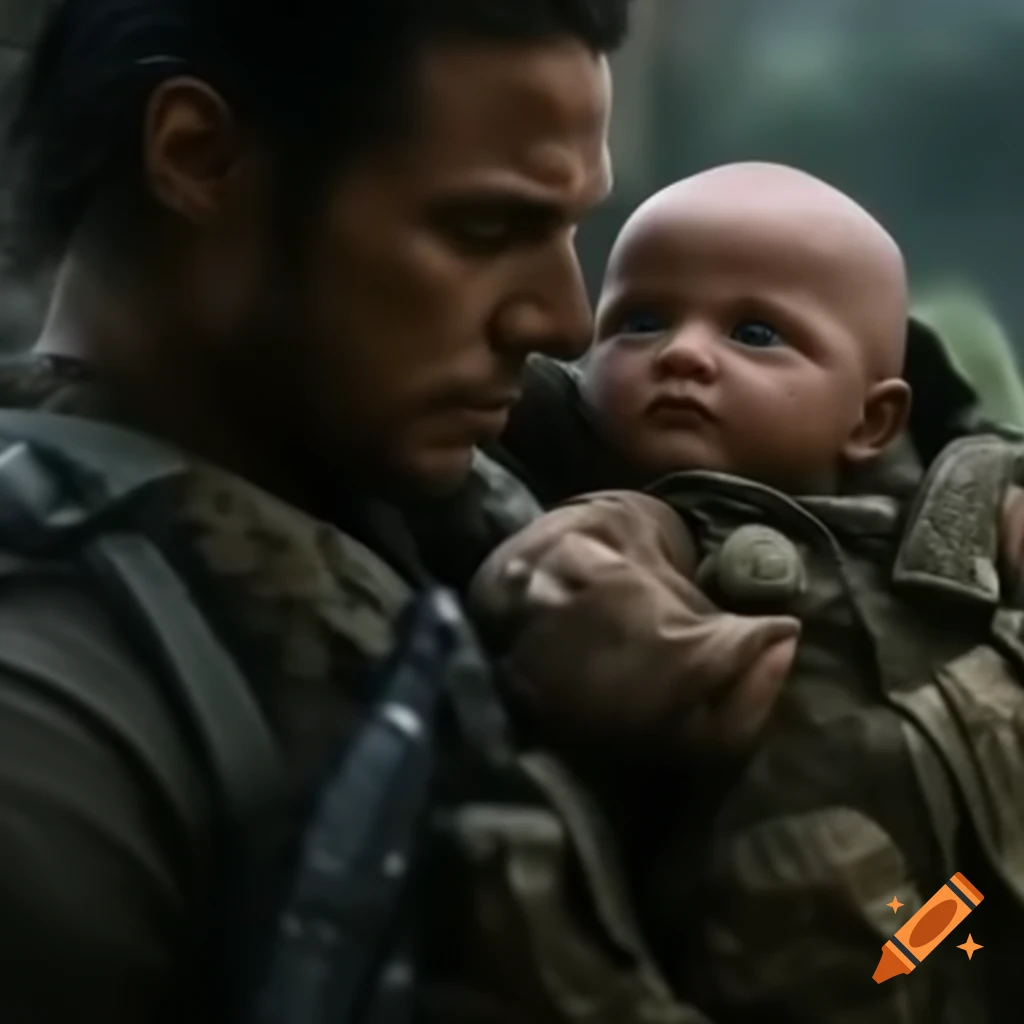 Character resembling a soldier holding a baby shaped like a grenade on ...