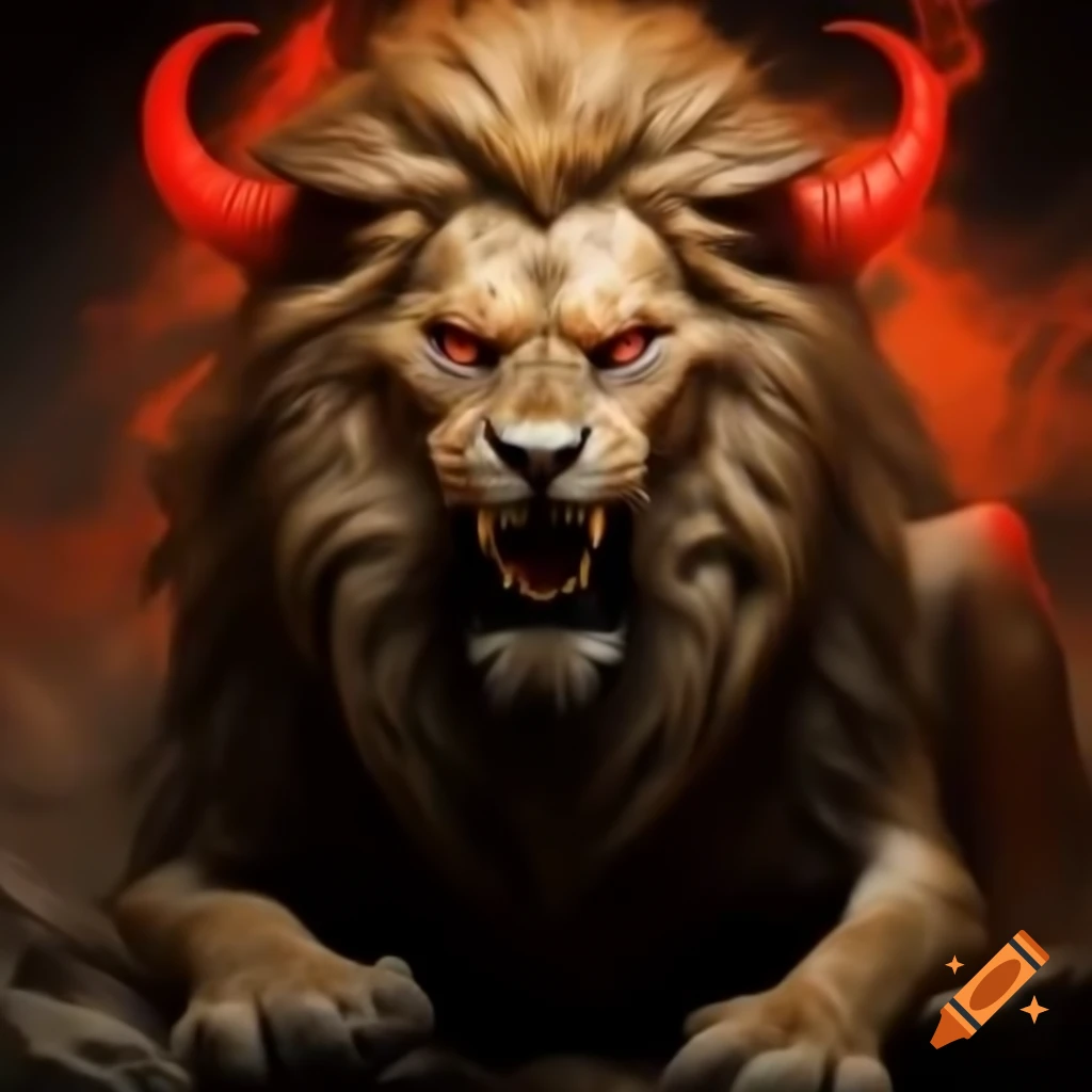 Lion with devil imagery, symbolizing strength and power on Craiyon