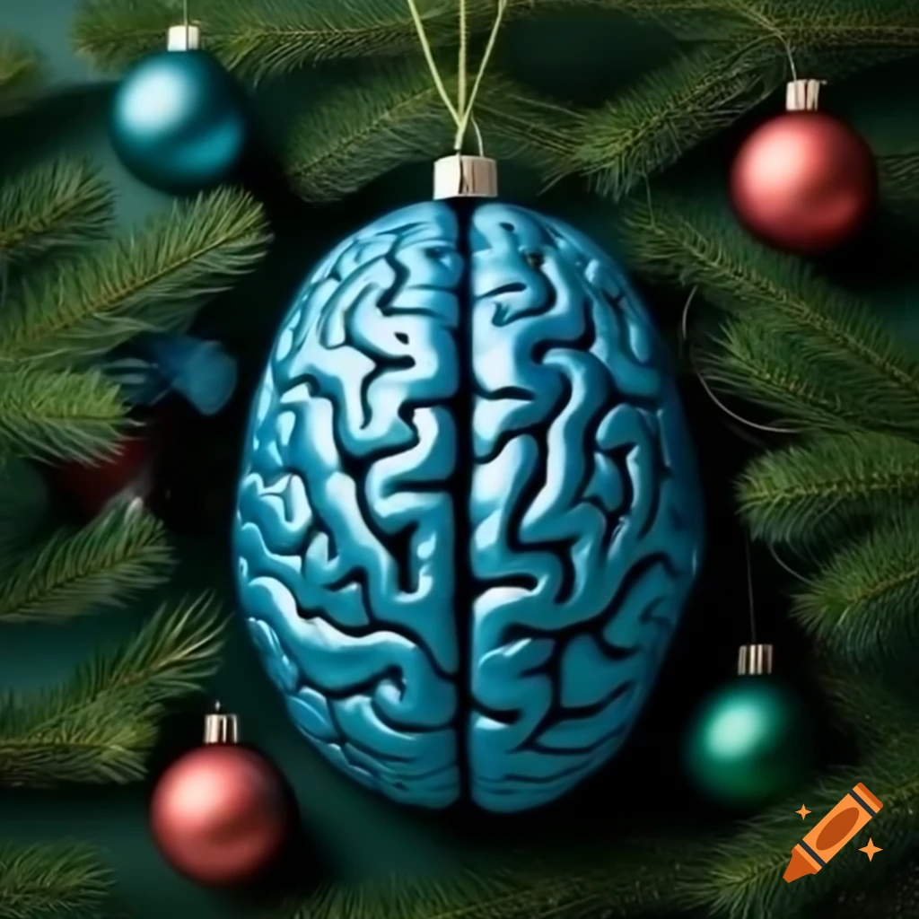 Christmas tree decorated with blue and green brain-shaped baubles on ...