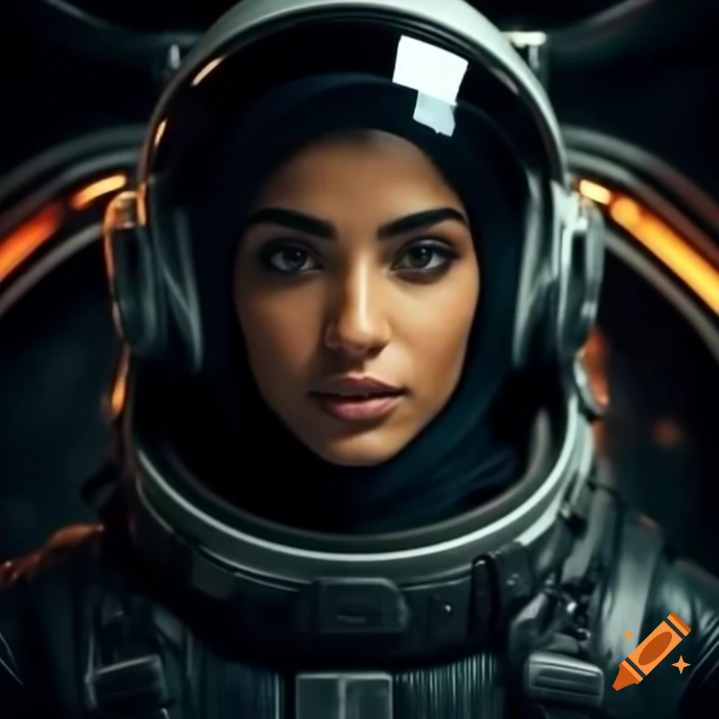 Futuristic Arab female pilot in cockpit, photorealistic design on Craiyon