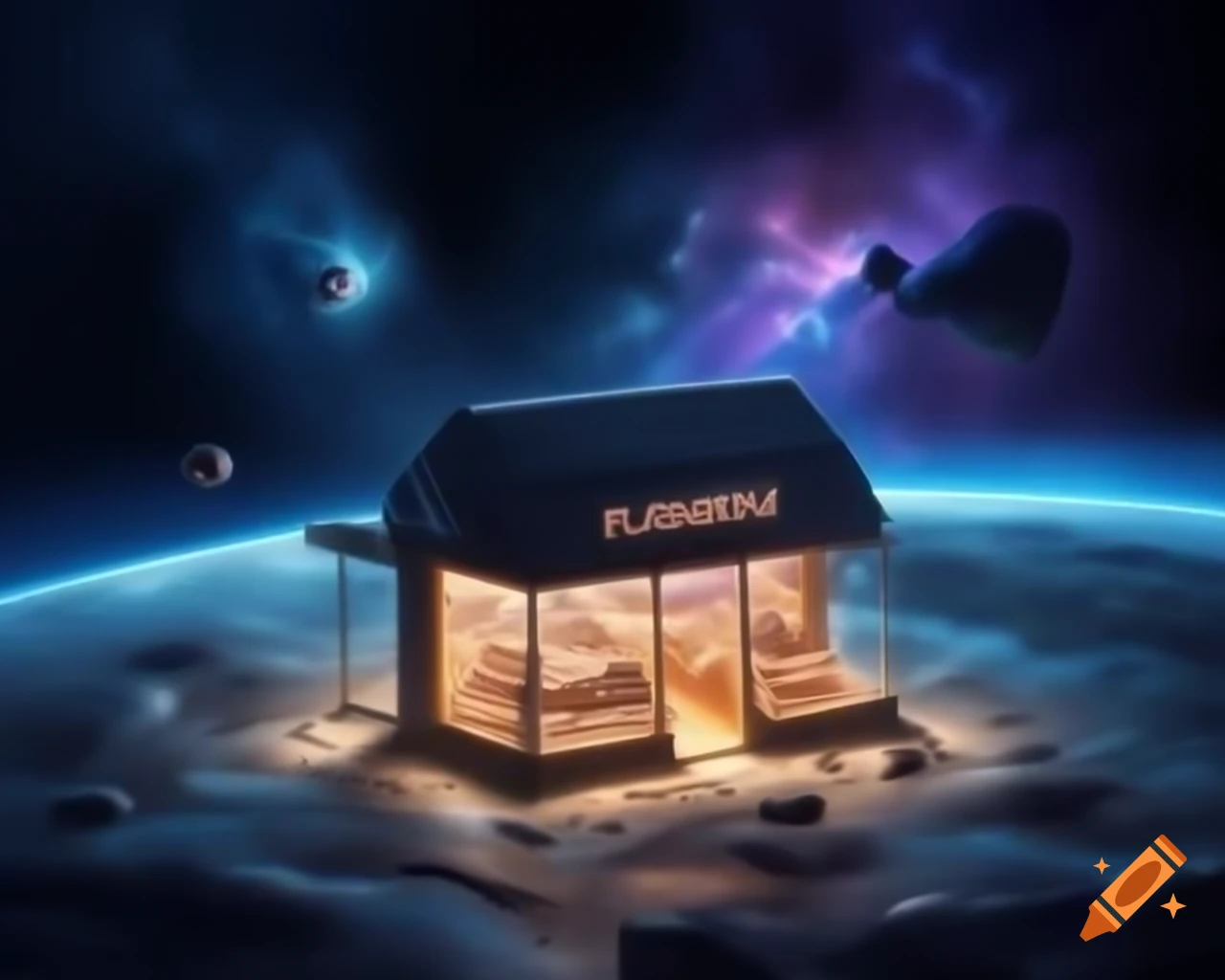 Space-themed shop with cosmic dust and swirling nebulae on Craiyon