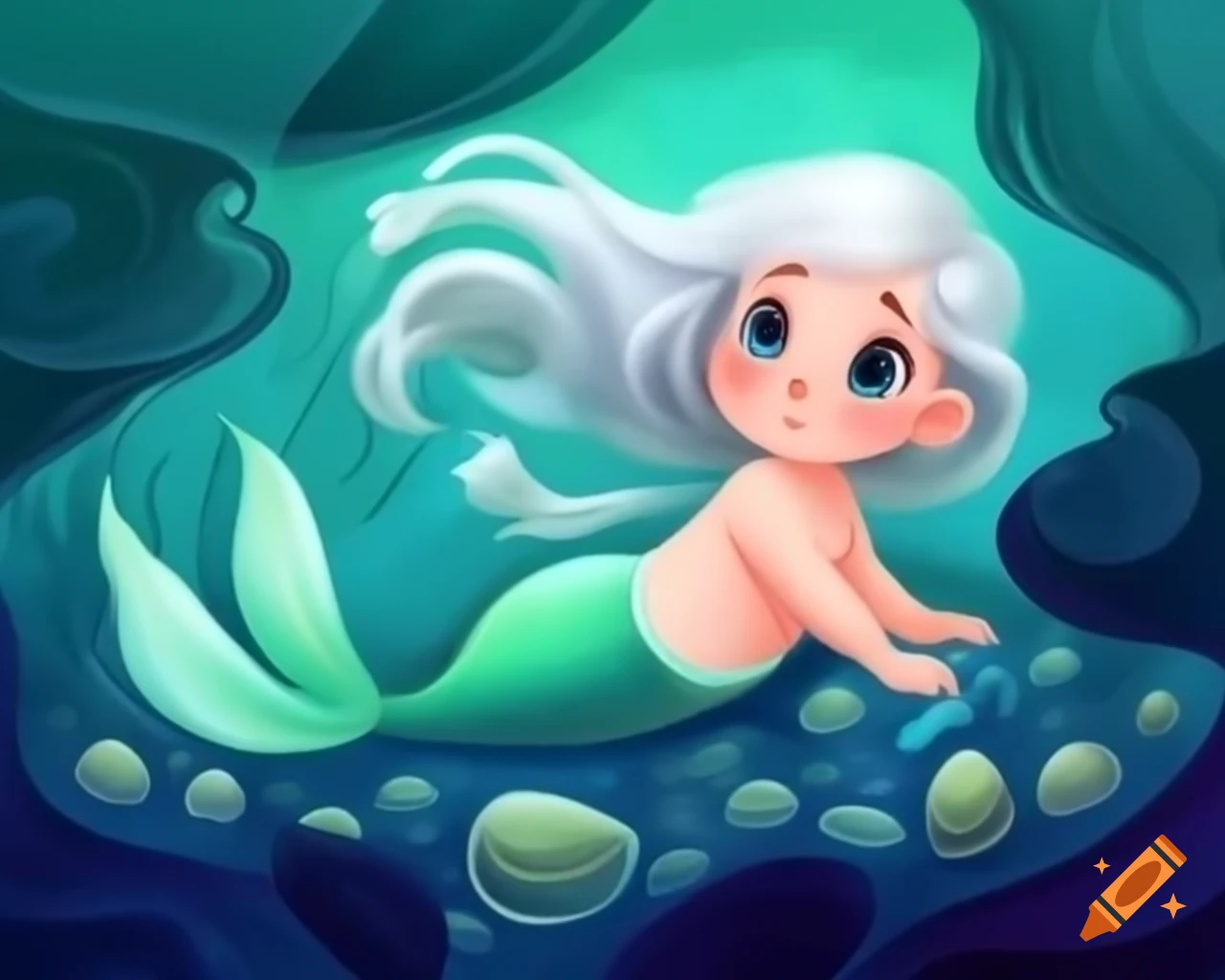 Cute baby mermaid with silver hair made from seaweed in storybook style ...