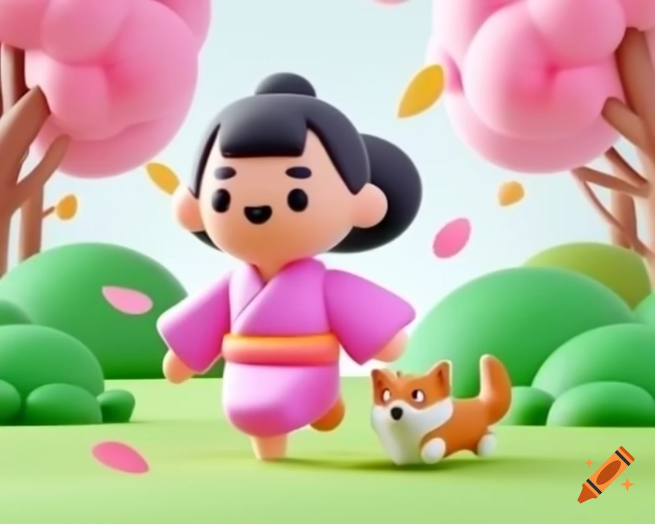 Woman in pink kimono walking corgi in colorful park with falling pink ...