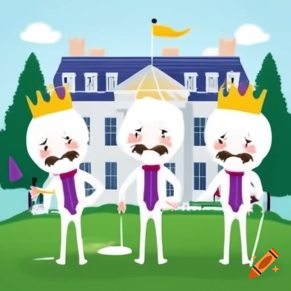 Three men in crowns and purple coats swinging golf clubs on the White ...