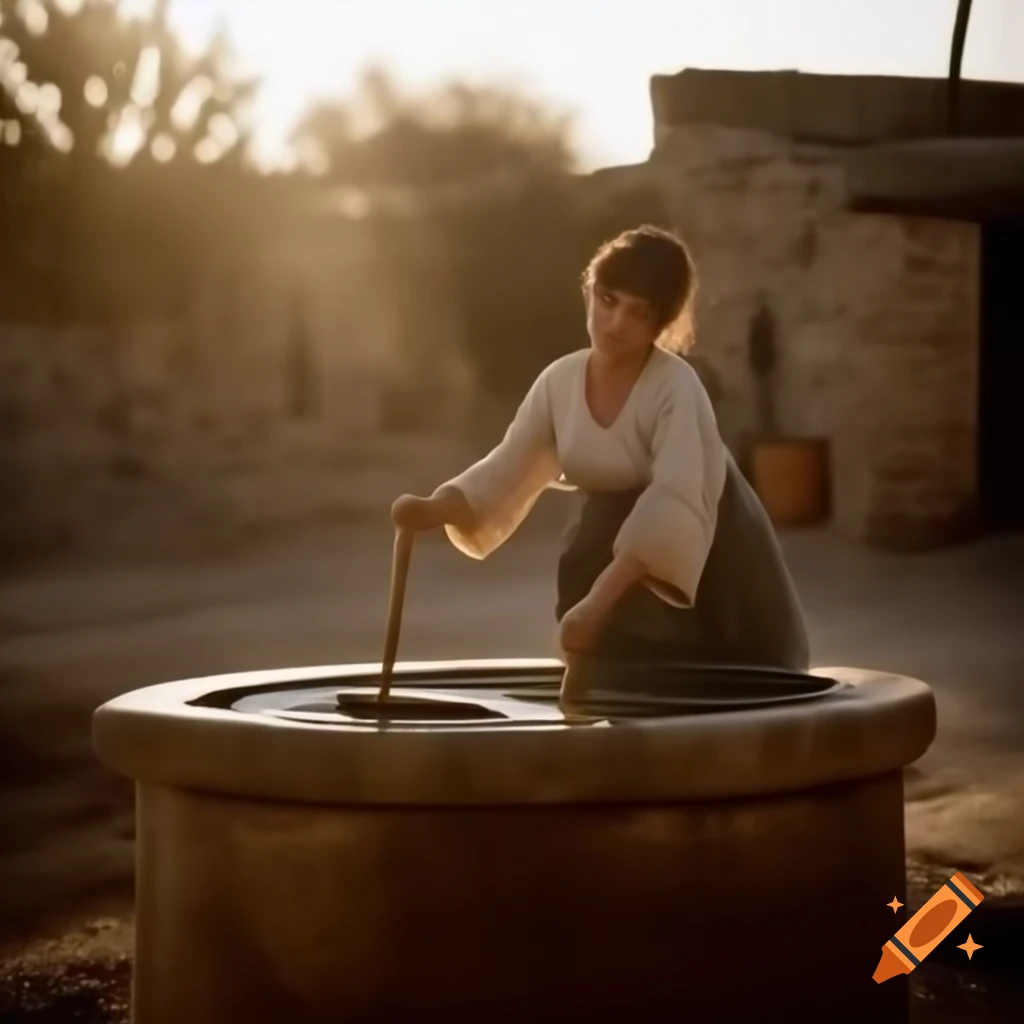 Woman drawing water from traditional stone well in 1st-century israel ...