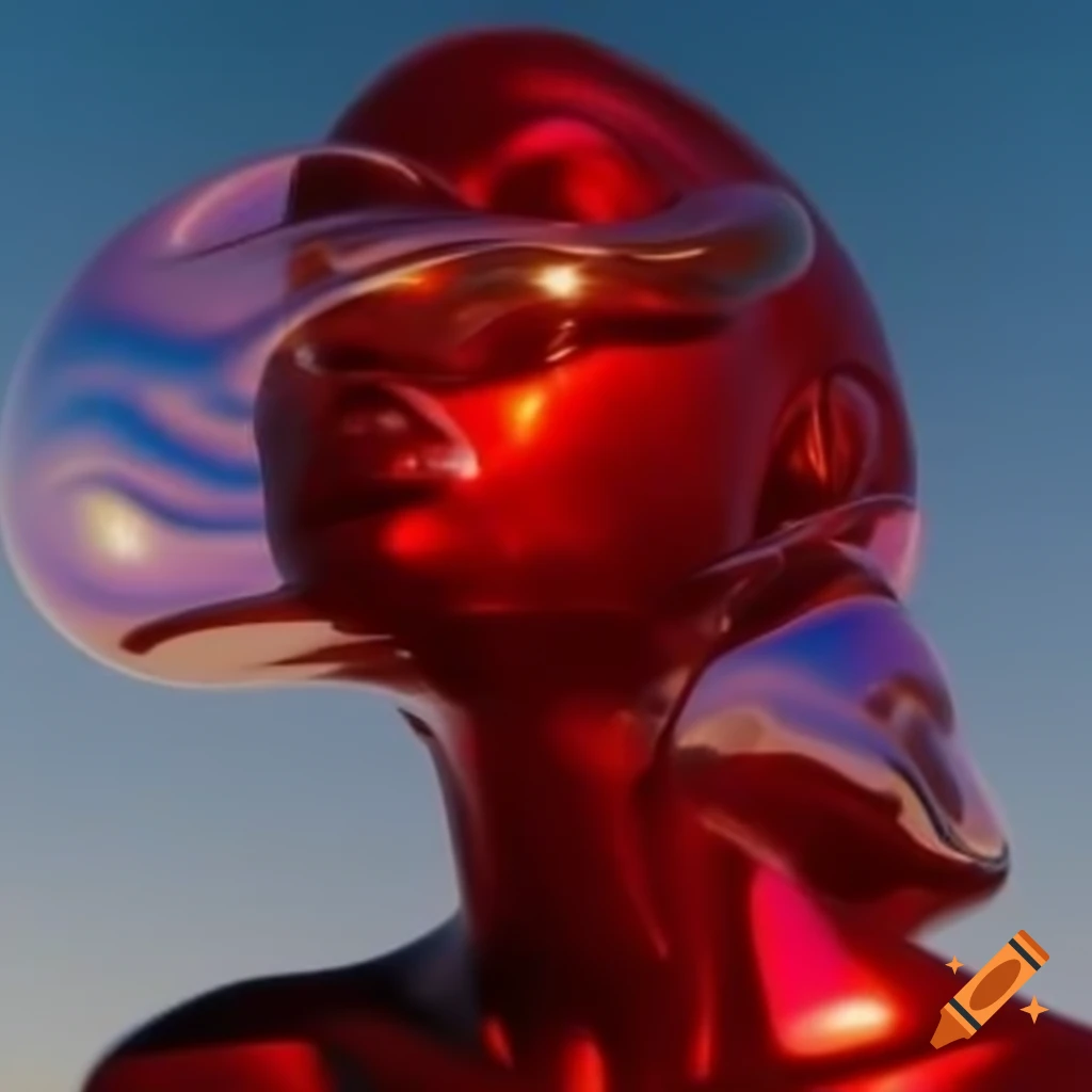 Iridescent red glass statue in pop surreal 2000's photography style on ...