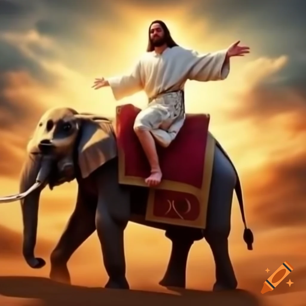 King riding elephant at sunset with bodyguard on Craiyon