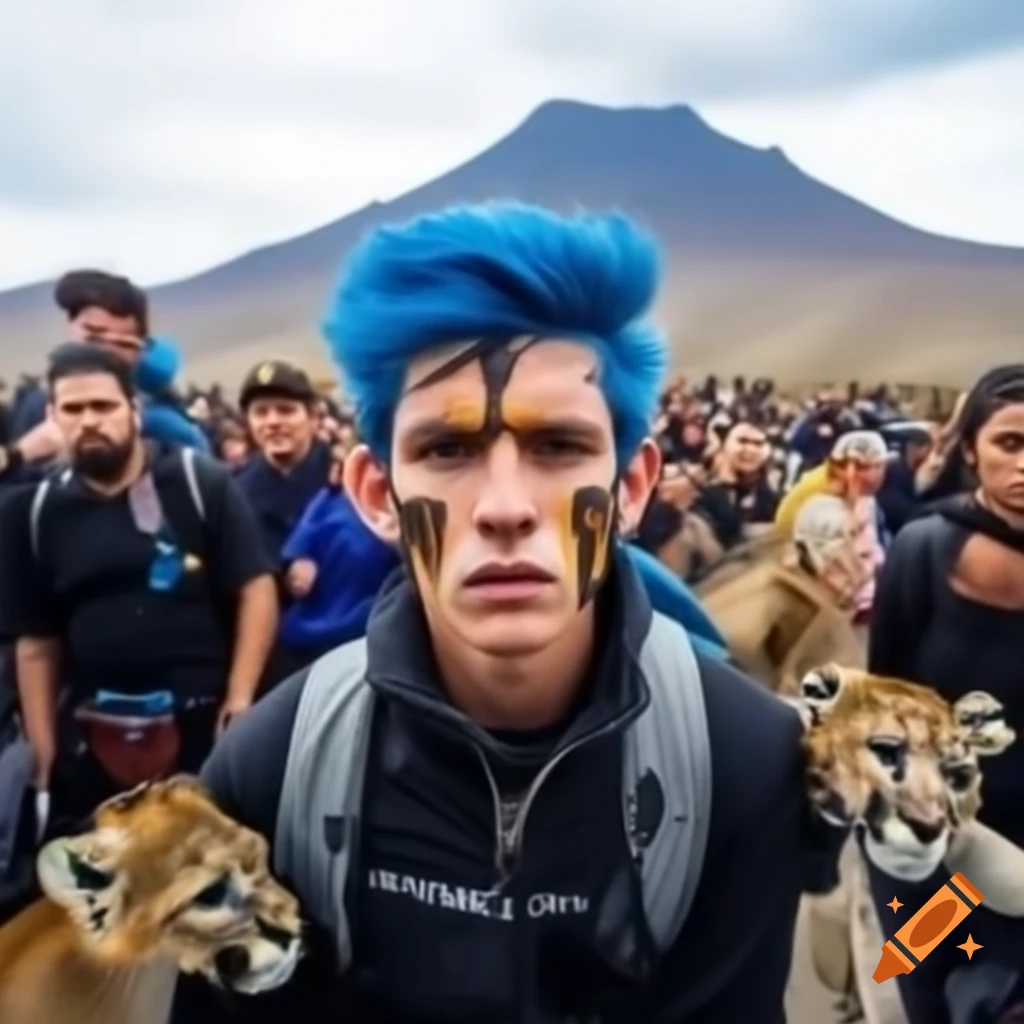 Blue-haired man protesting with mountain lion in background on Craiyon