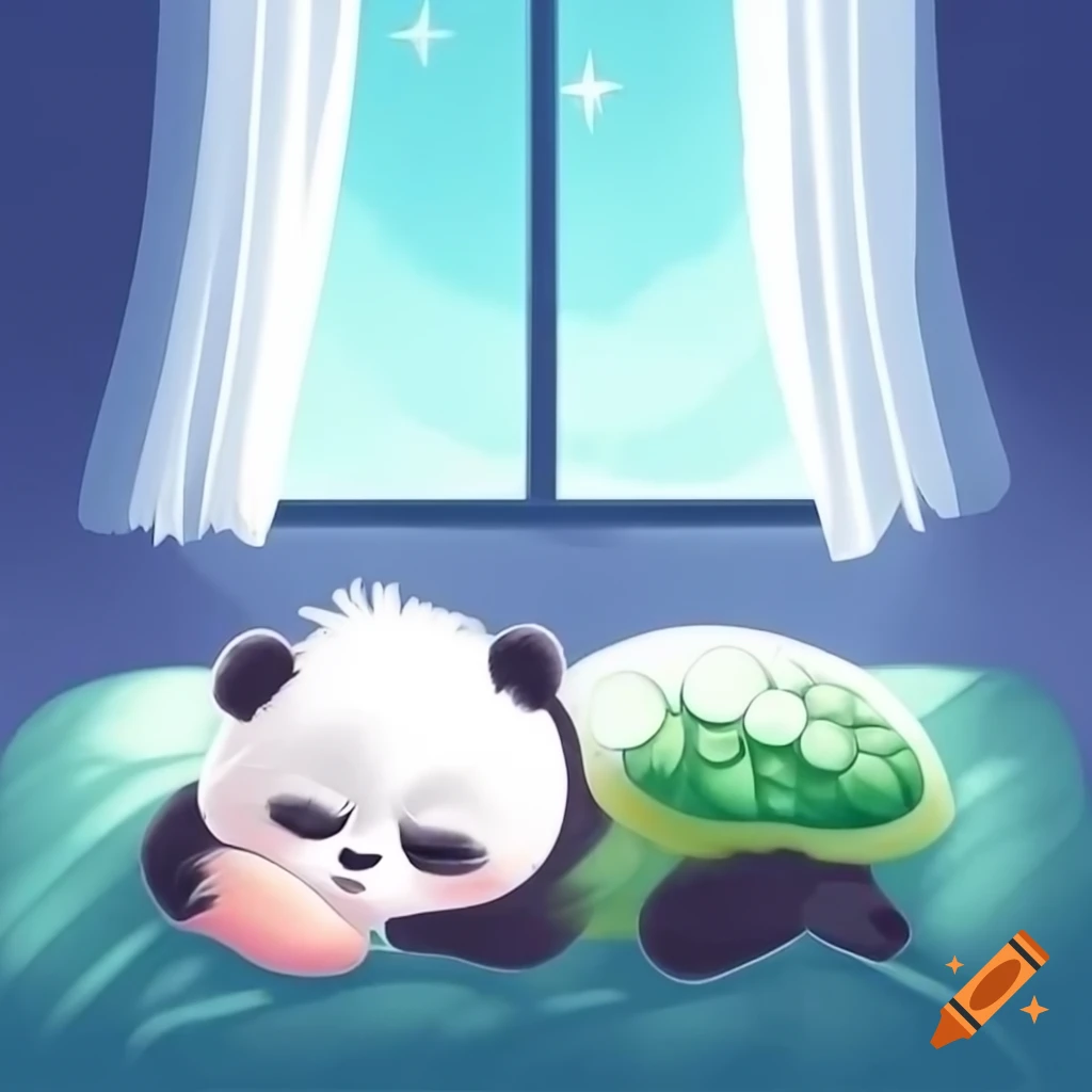 Sleeping panda cub cuddled with green stuffed turtle in serene room on ...