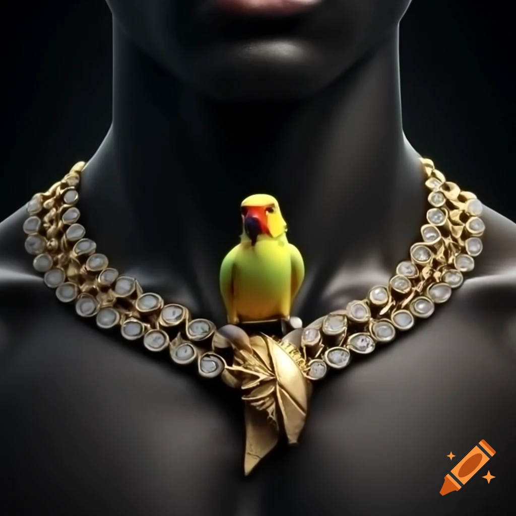 Exotic gold and diamond chain with large parakeet pendant on Craiyon