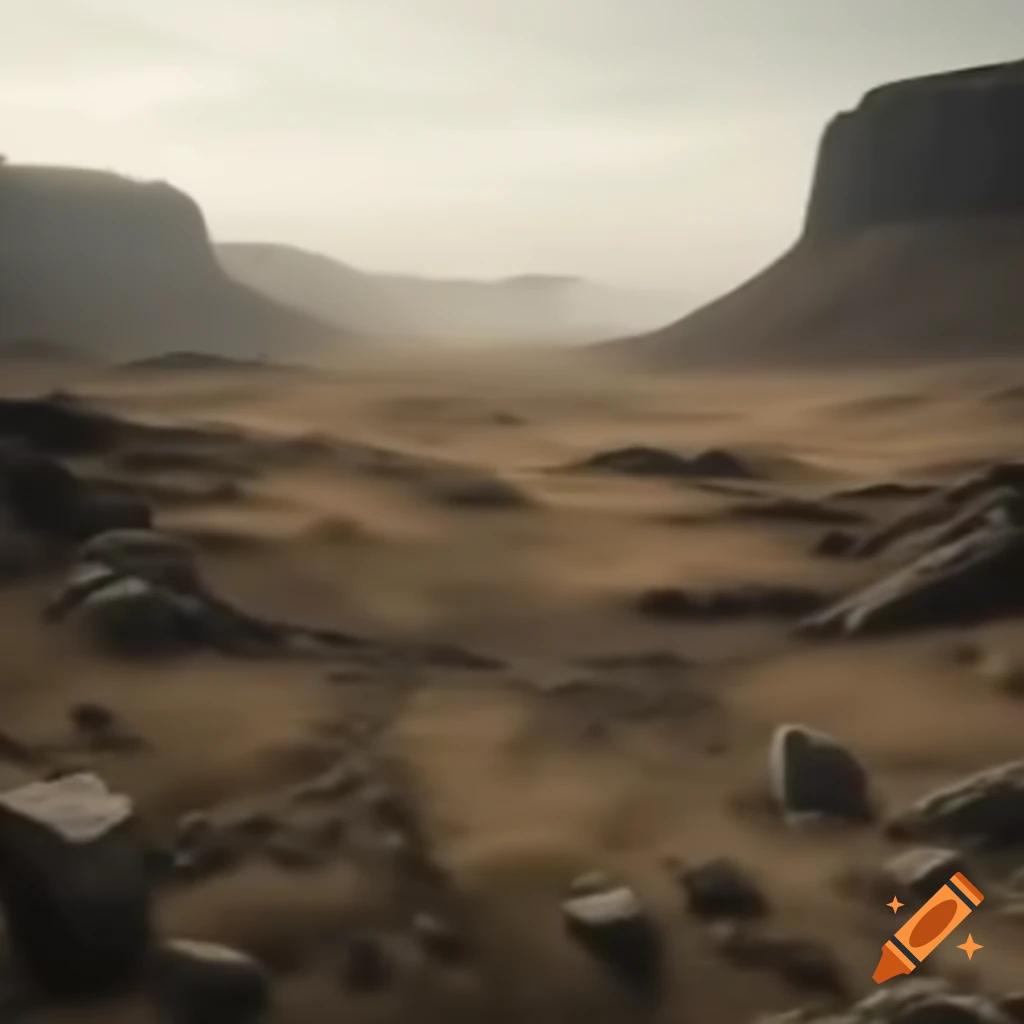 Desolate battlefield with craggy hills and cliffs on Craiyon