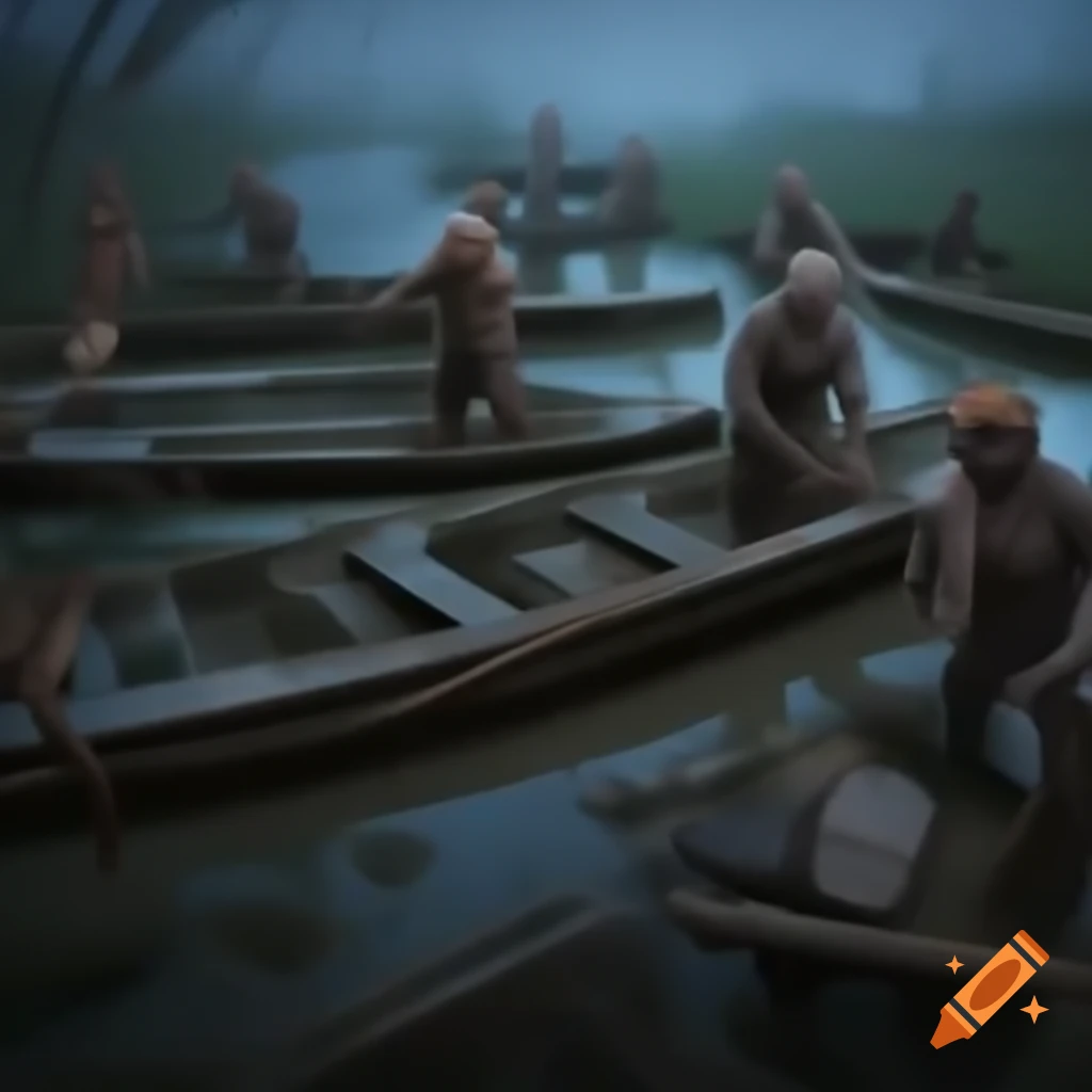 People with chains working on boats in muddy swamp at night with mist ...