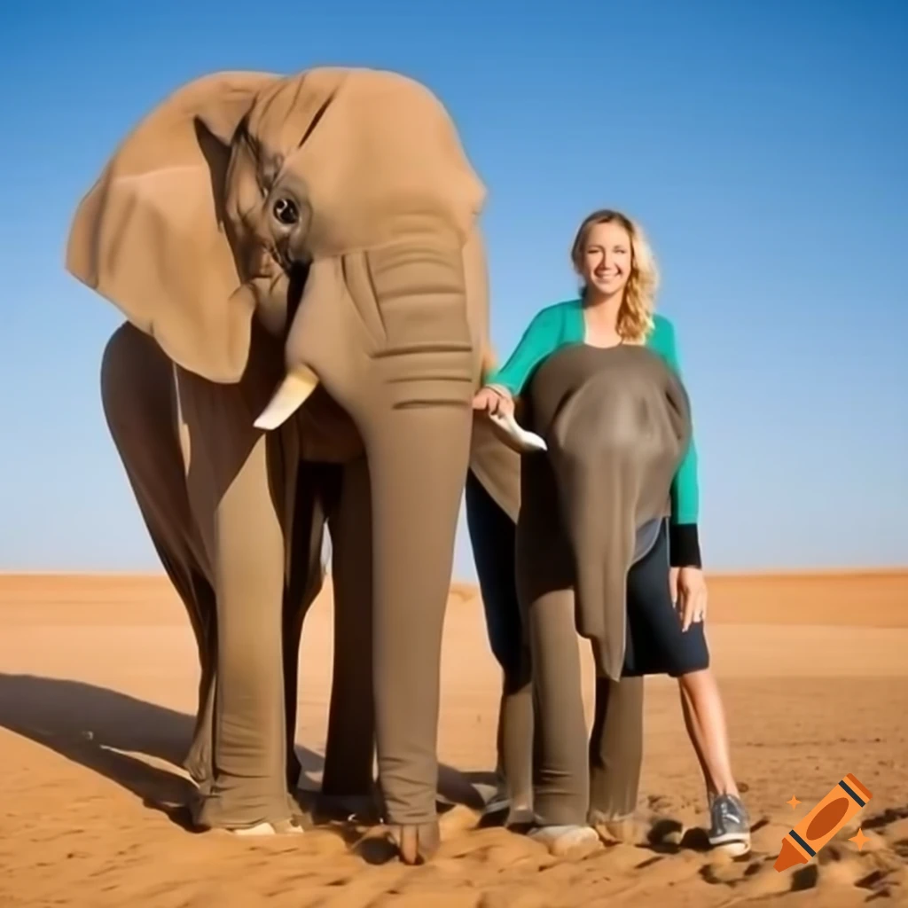 Elephant interacting with young woman in the Namibian desert on Craiyon