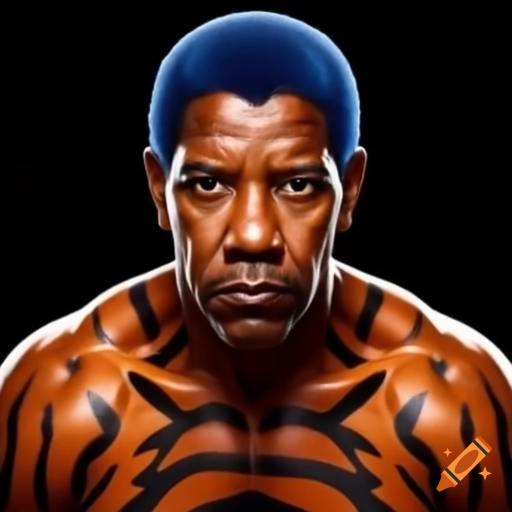 Muscular figure with tiger-style makeup and colorful hair on Craiyon