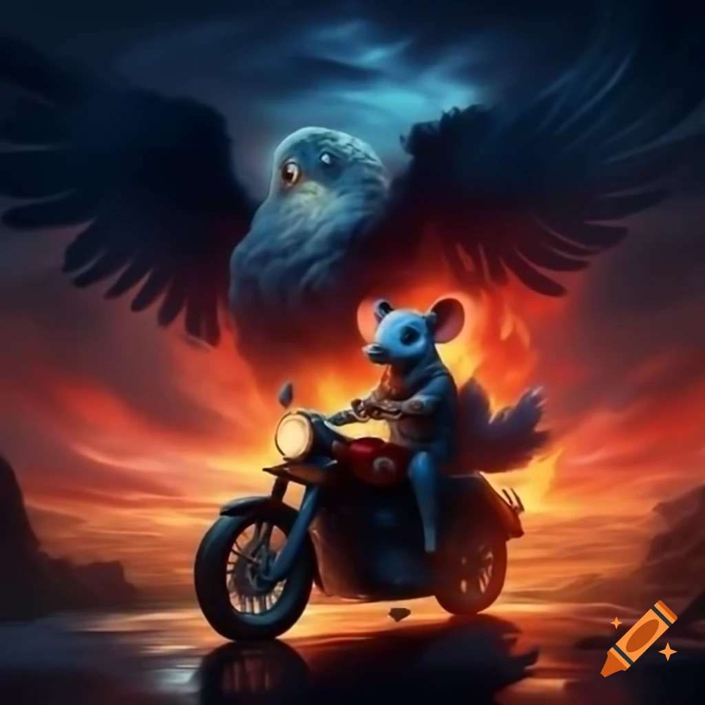 Mighty mouse and giant bird riding miniature motorcycle at twilight on ...