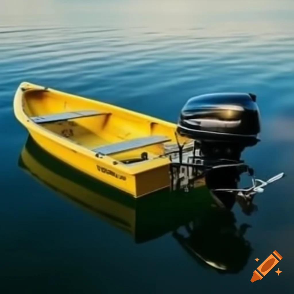 Yellow dinghy boat with outboard engine on Craiyon