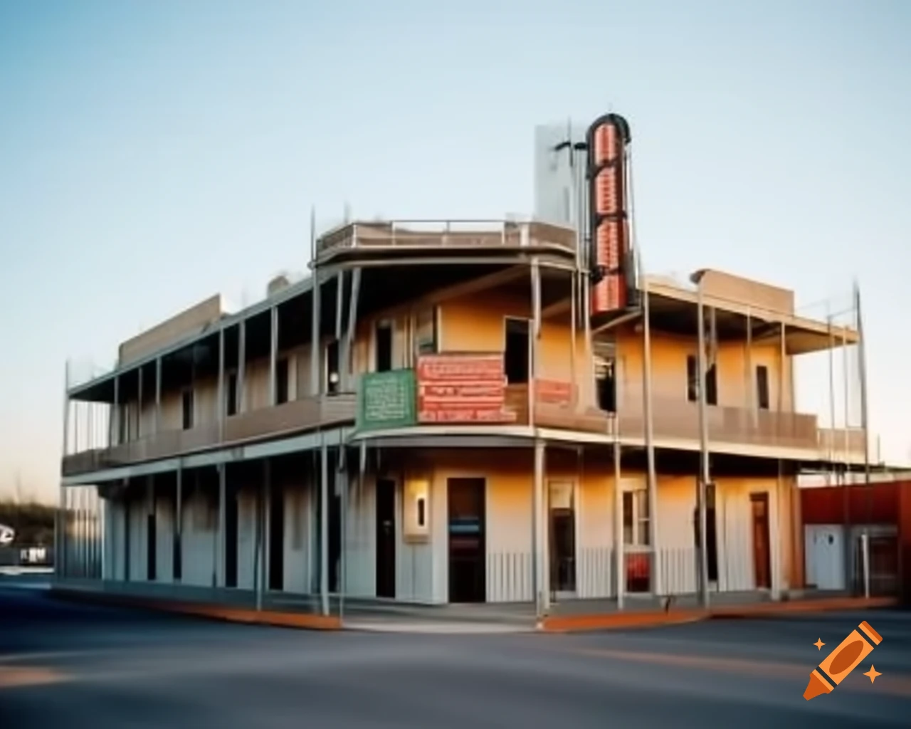 Unfinished building with shop and motel banners in clear weather on Craiyon
